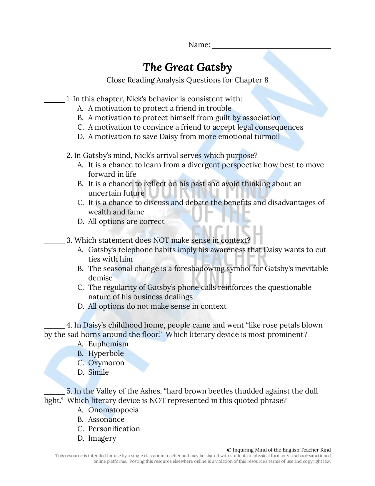 The Great Gatsby Close Reading Analysis Activities Bundle for High ...