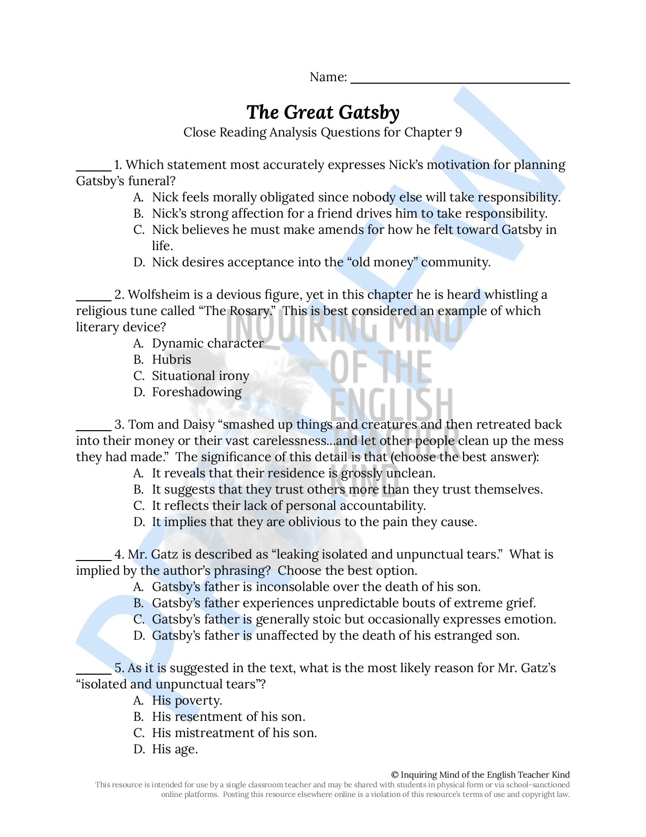 The Great Gatsby Close Reading Analysis Activities Bundle for High ...