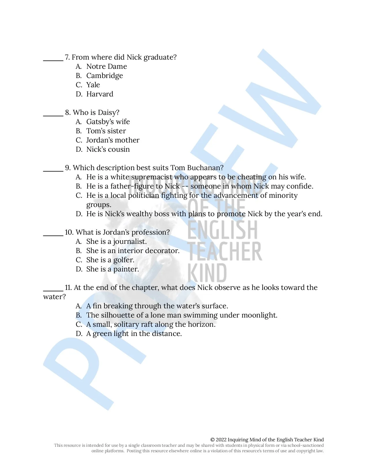 The Great Gatsby Quiz and Answer Key Bundle for High School — Inquiring ...