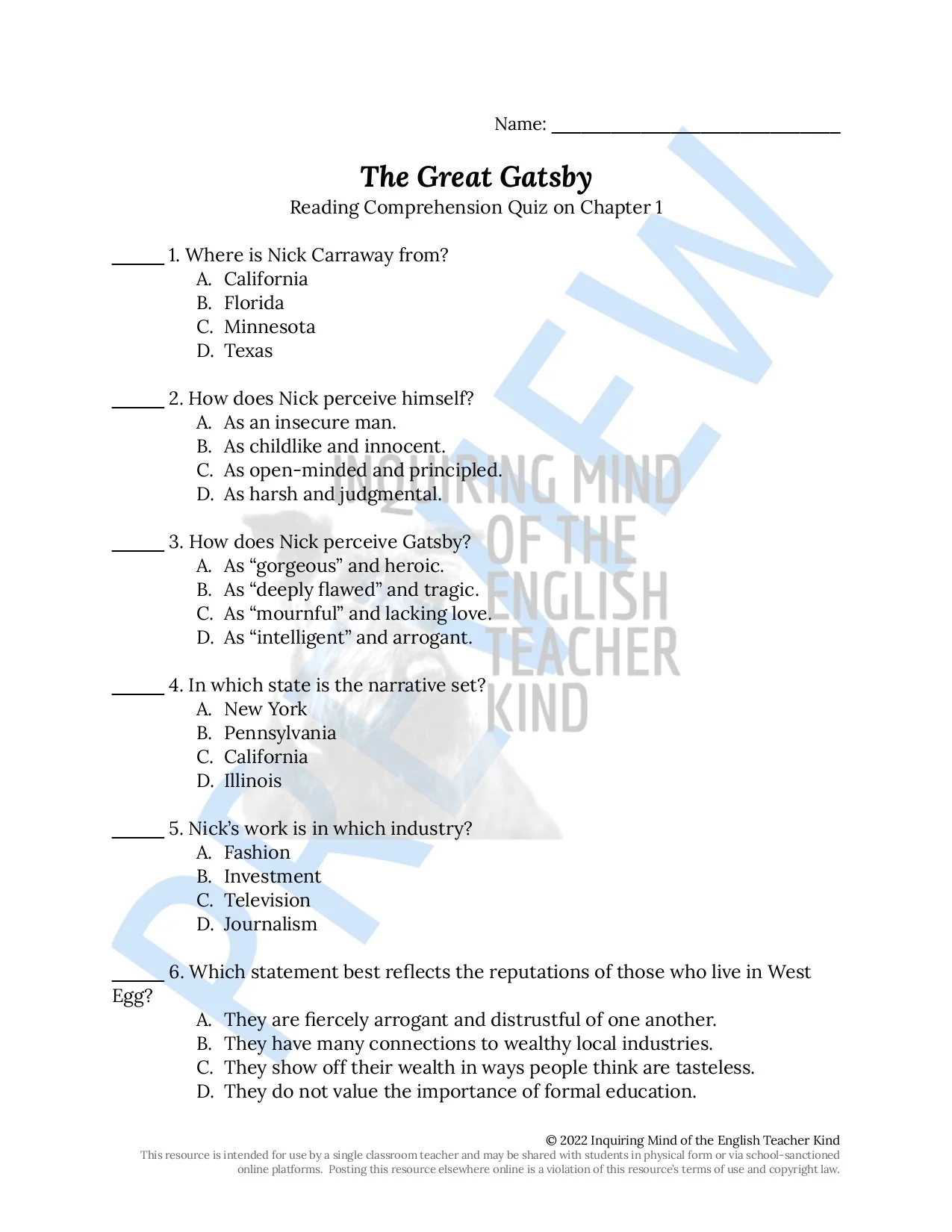 The Great Gatsby Quiz and Answer Key Bundle for High School — Inquiring ...
