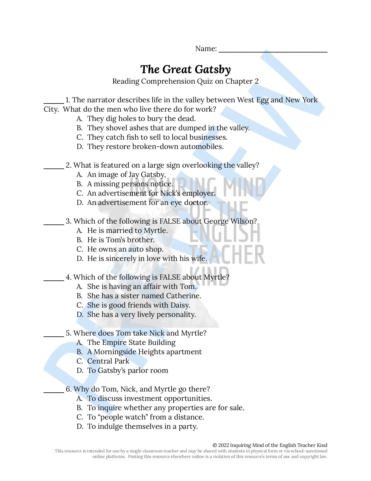The Great Gatsby Quiz and Answer Key Bundle for High School — Inquiring ...