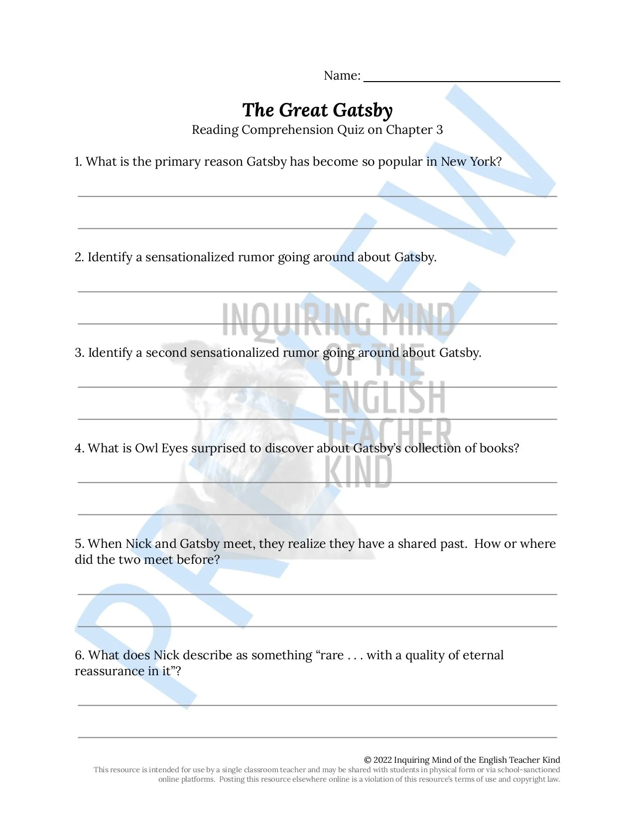 The Great Gatsby Quiz and Answer Key Bundle for High School — Inquiring ...