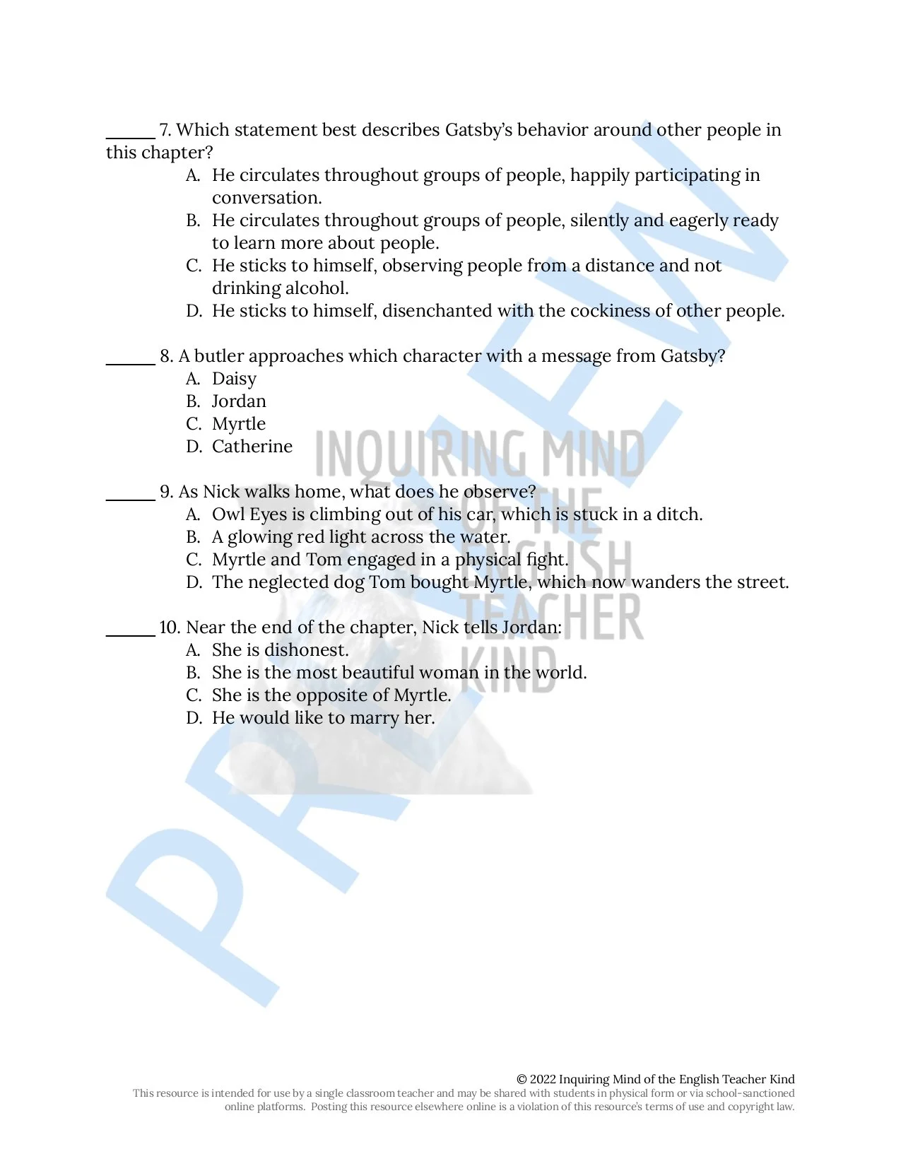 The Great Gatsby Quiz and Answer Key Bundle for High School — Inquiring ...