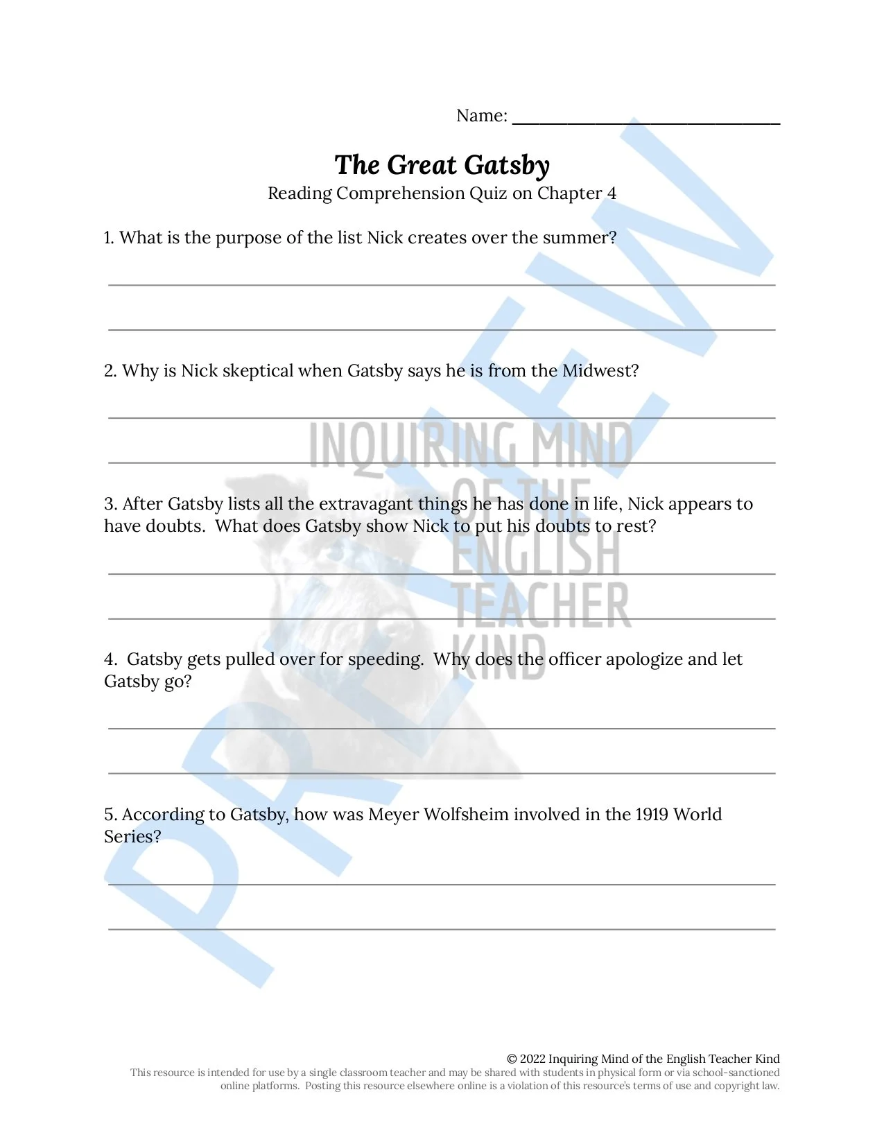 The Great Gatsby Quiz and Answer Key Bundle for High School — Inquiring ...