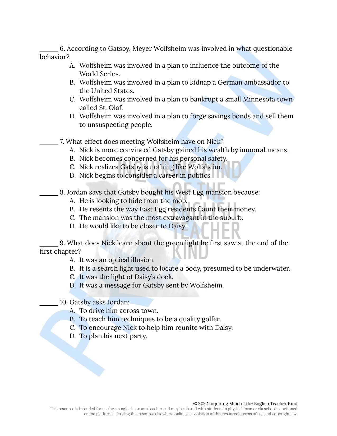 The Great Gatsby Quiz and Answer Key Bundle for High School — Inquiring ...