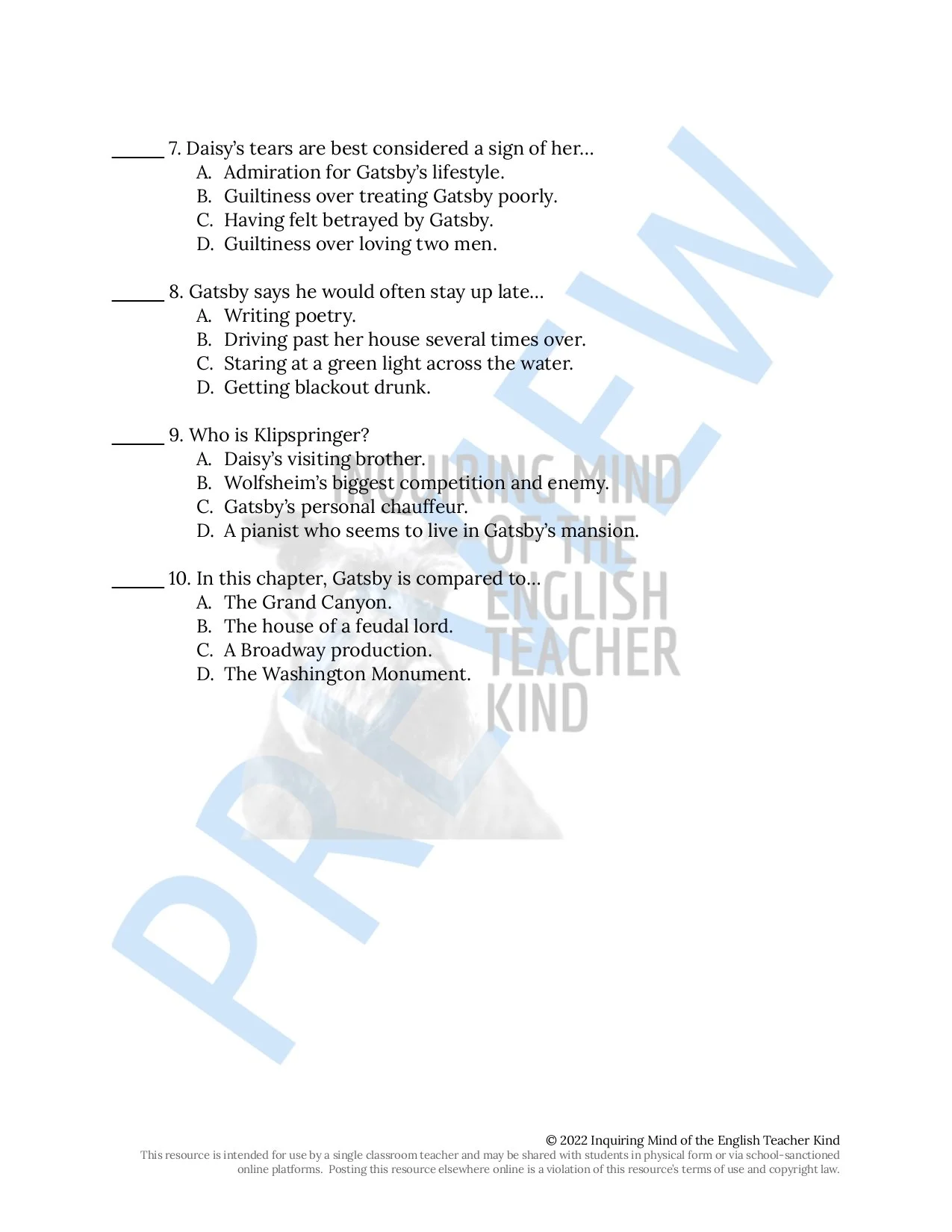 The Great Gatsby Quiz and Answer Key Bundle for High School — Inquiring ...