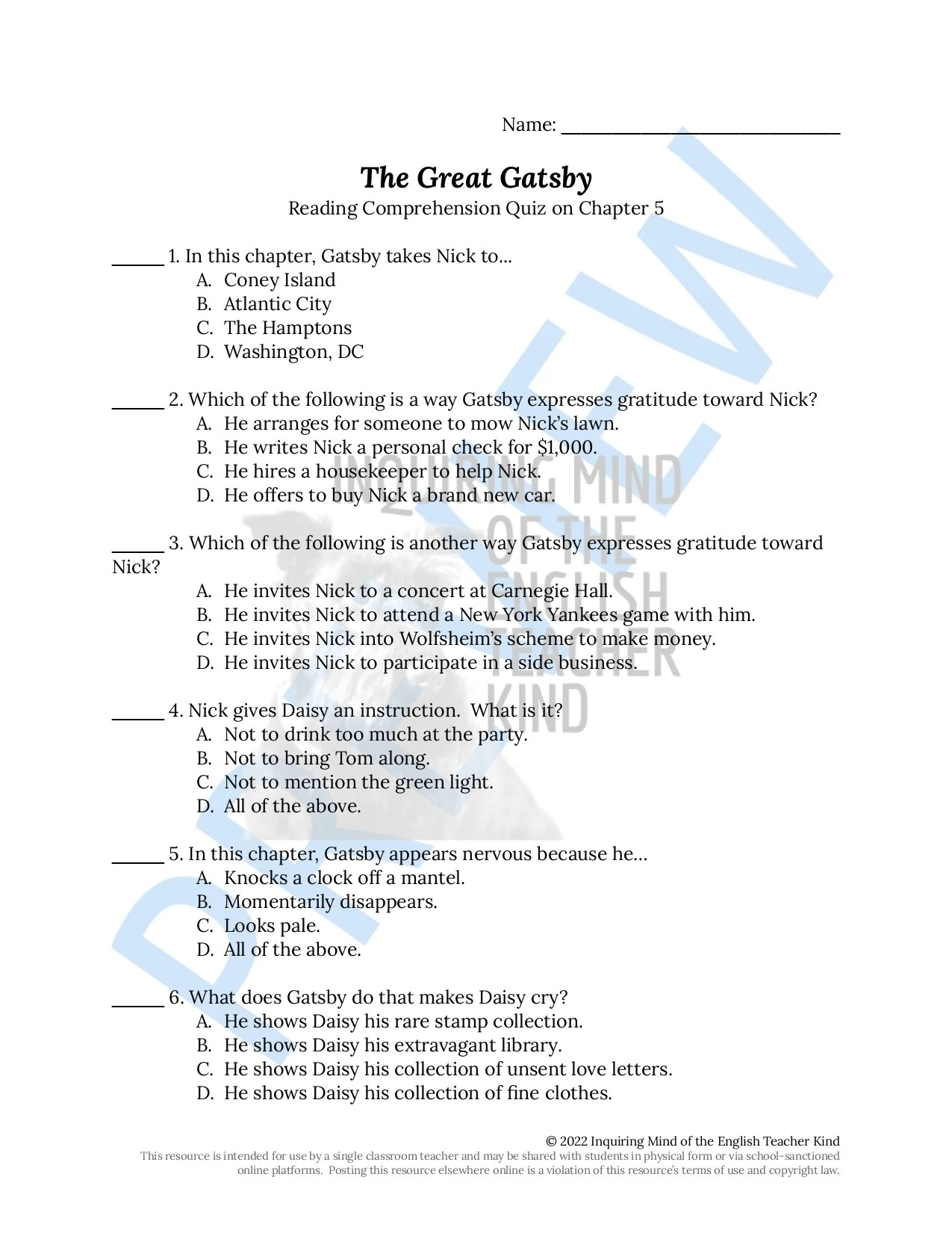 The Great Gatsby Quiz and Answer Key Bundle for High School — Inquiring ...
