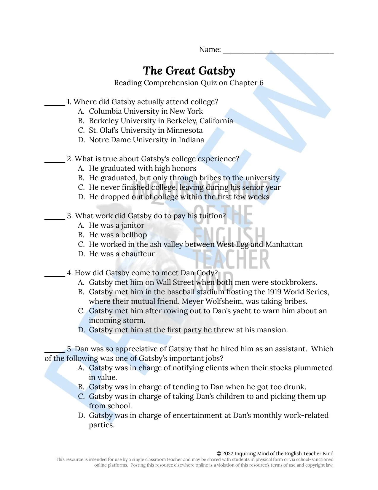 The Great Gatsby Quiz, Close Reading, and Vocabulary Development Bundle ...