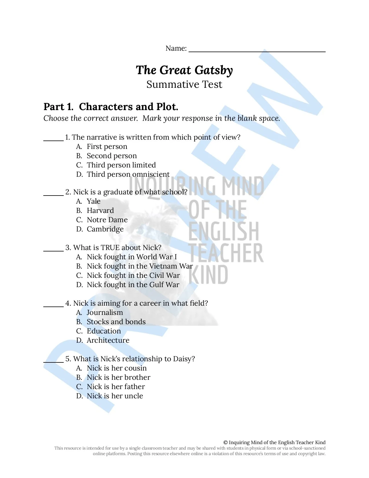 The Great Gatsby Test and Answer Key for High School - Inquiring Mind ...