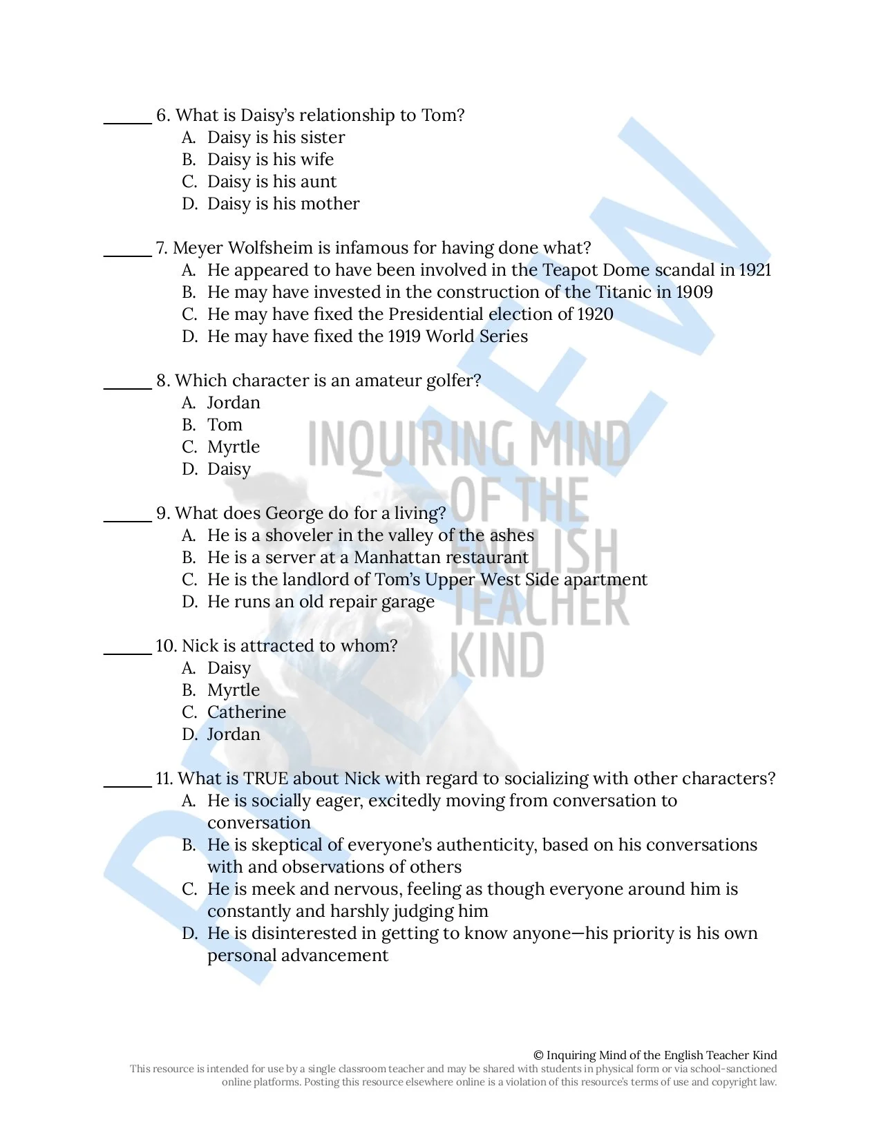 The Great Gatsby Test and Answer Key for High School - Inquiring Mind ...