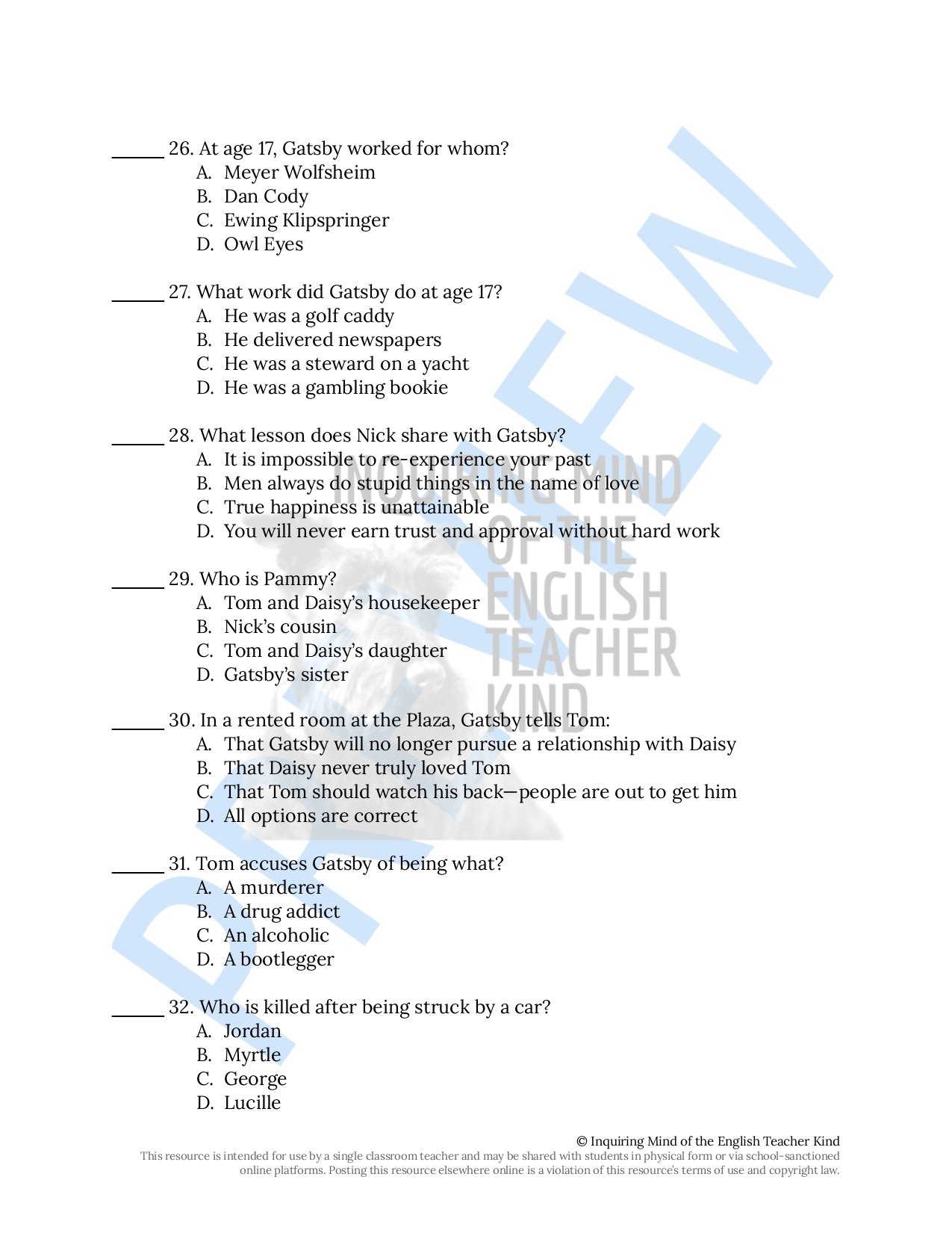 The Great Gatsby Test and Answer Key for High School - Inquiring Mind ...