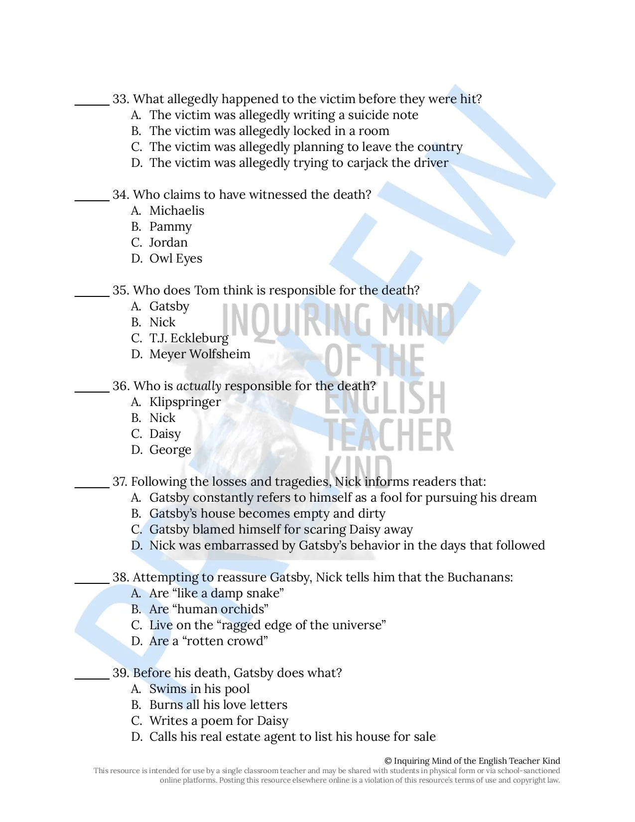 The Great Gatsby Test and Answer Key for High School - Inquiring Mind ...