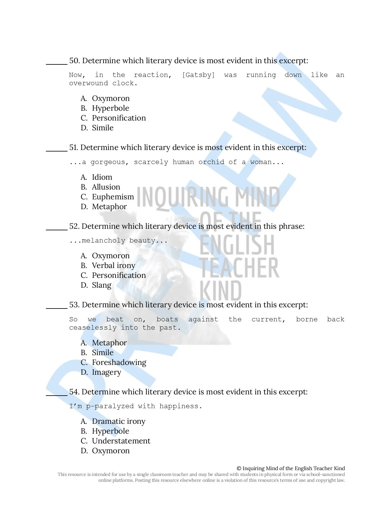 The Great Gatsby Test and Answer Key for High School - Inquiring Mind ...