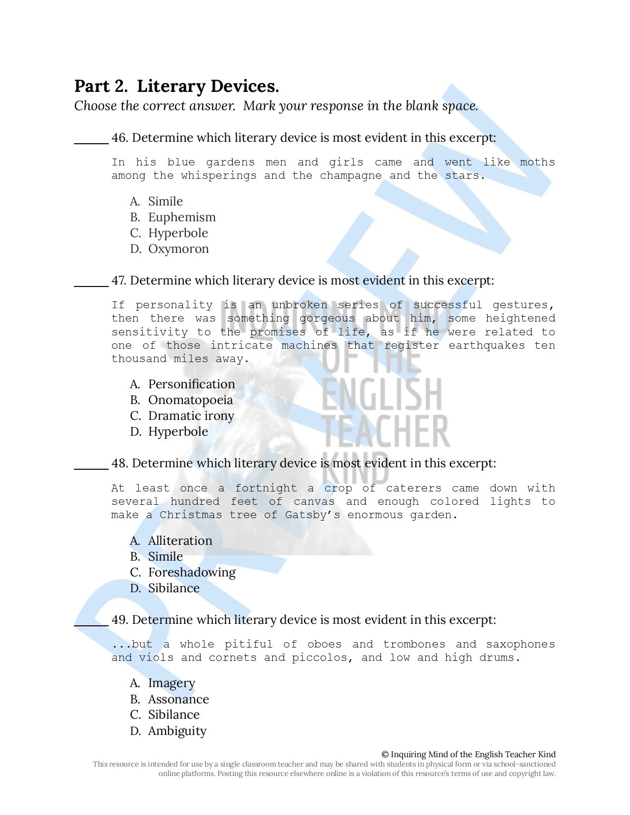 The Great Gatsby Test and Answer Key for High School - Inquiring Mind ...