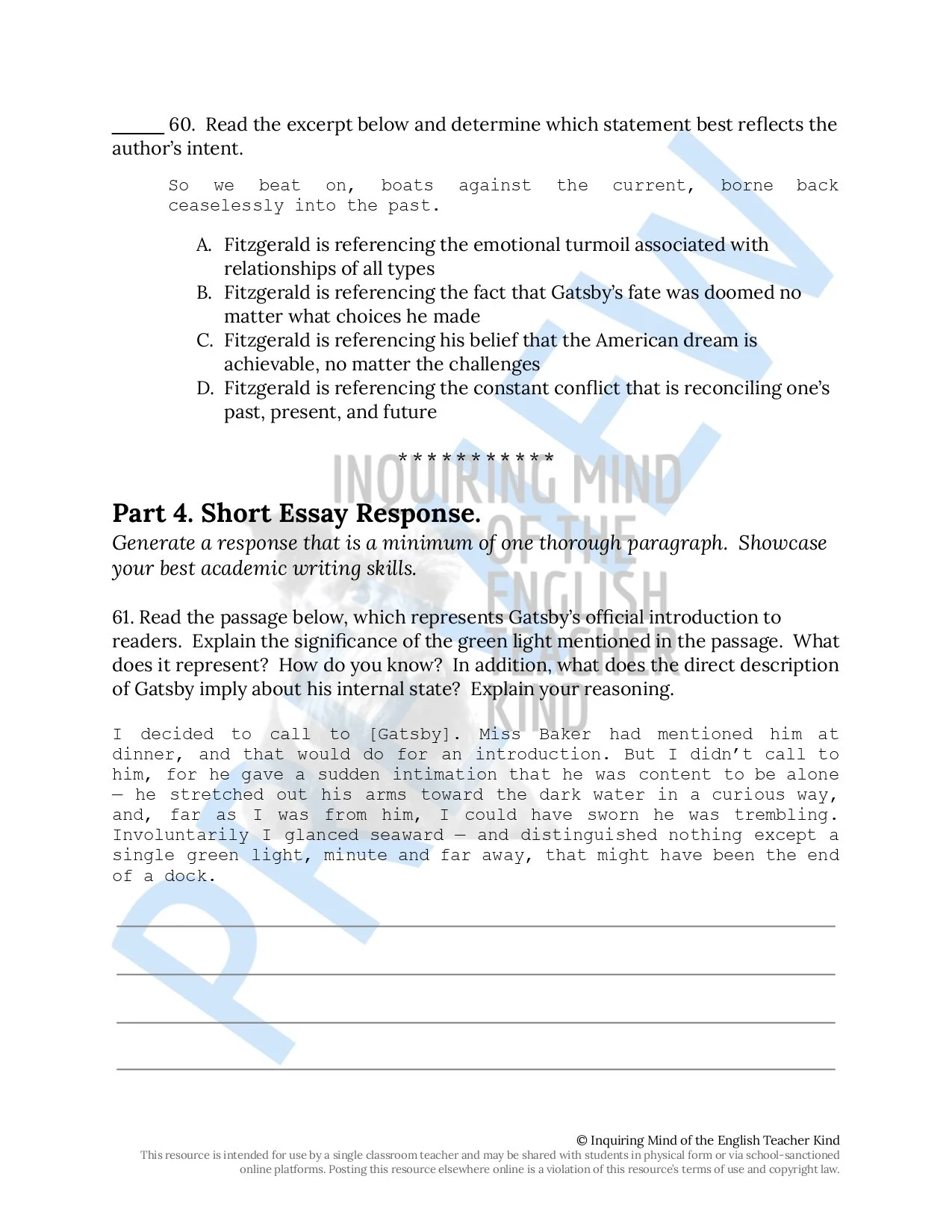 The Great Gatsby Test and Answer Key for High School - Inquiring Mind ...