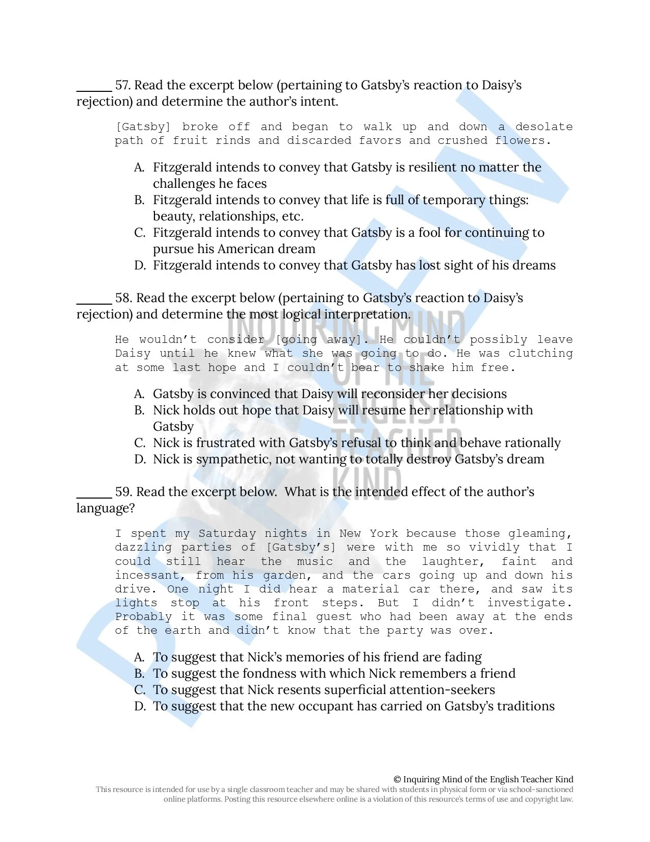 The Great Gatsby Test and Answer Key for High School - Inquiring Mind ...
