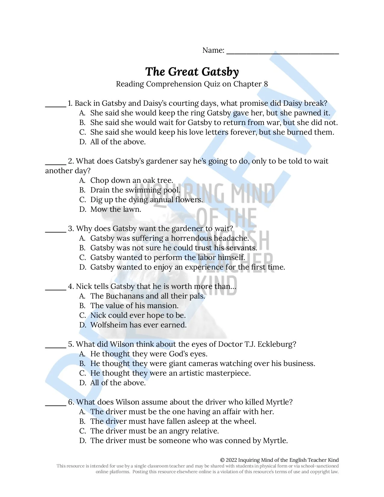 The Great Gatsby Quizzes, Close Readings, Vocab Games, Test, and Keys ...