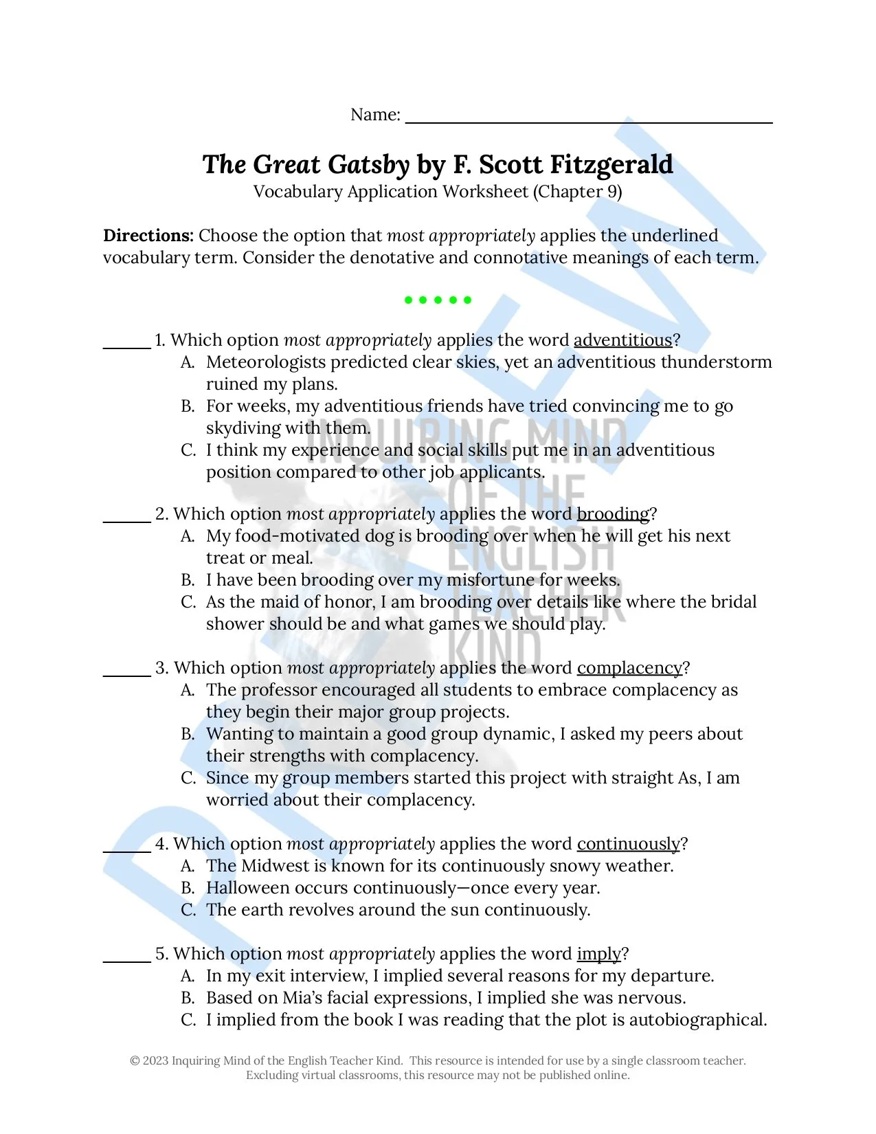 The Great Gatsby Vocabulary Development Games and Activities Bundle for ...