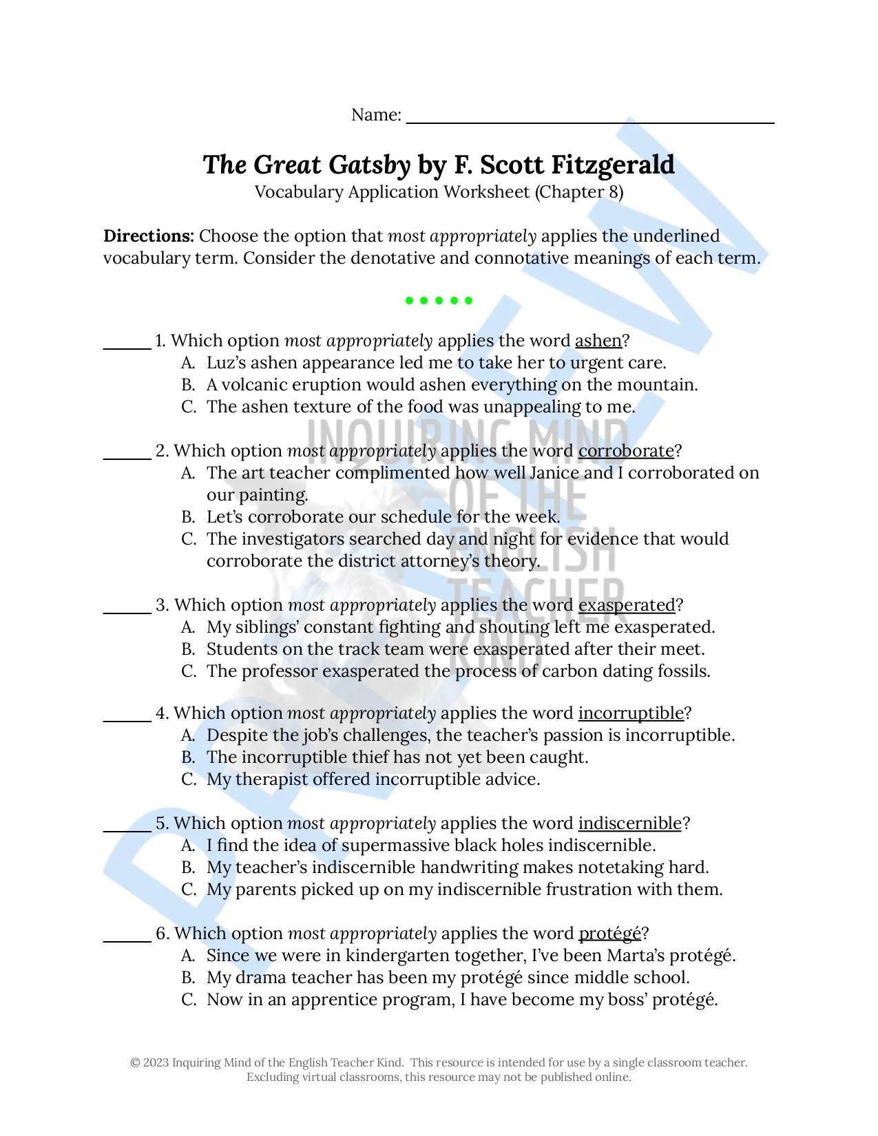 The Great Gatsby Vocabulary Development Games and Activities Bundle for ...