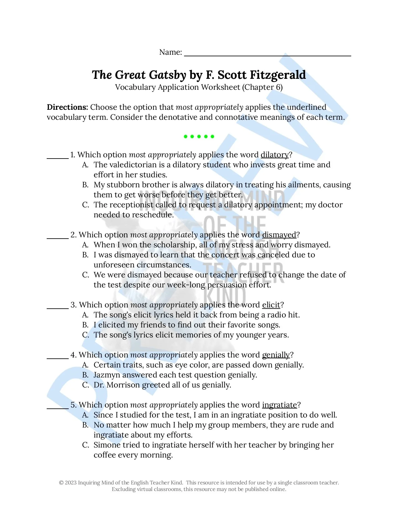 The Great Gatsby Vocabulary Development Games and Activities Bundle for ...