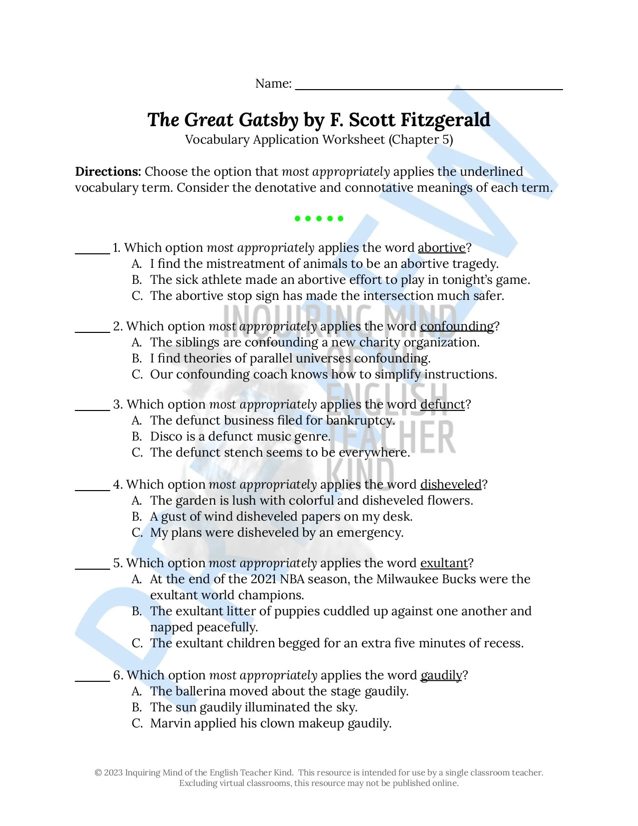 The Great Gatsby Vocabulary Development Games and Activities Bundle for ...