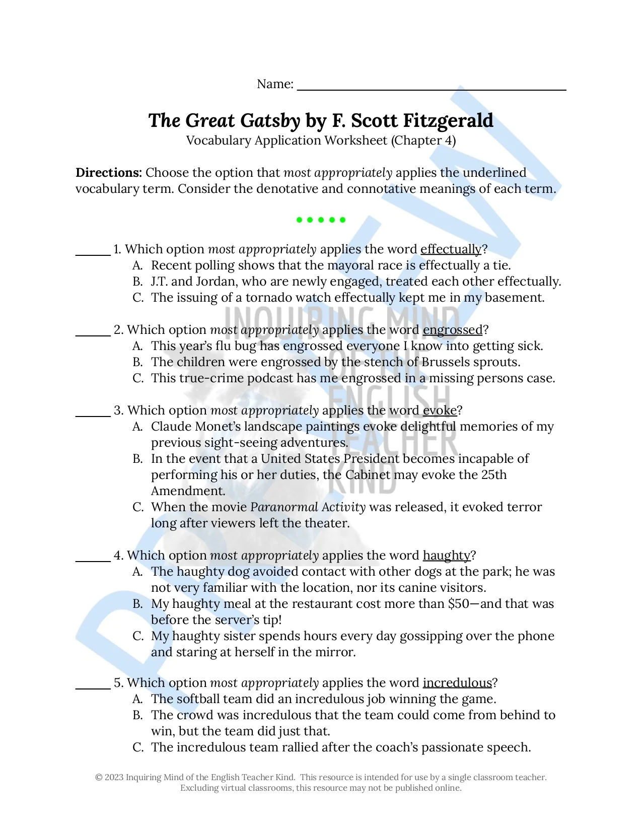 The Great Gatsby Vocabulary Development Games and Activities Bundle for ...