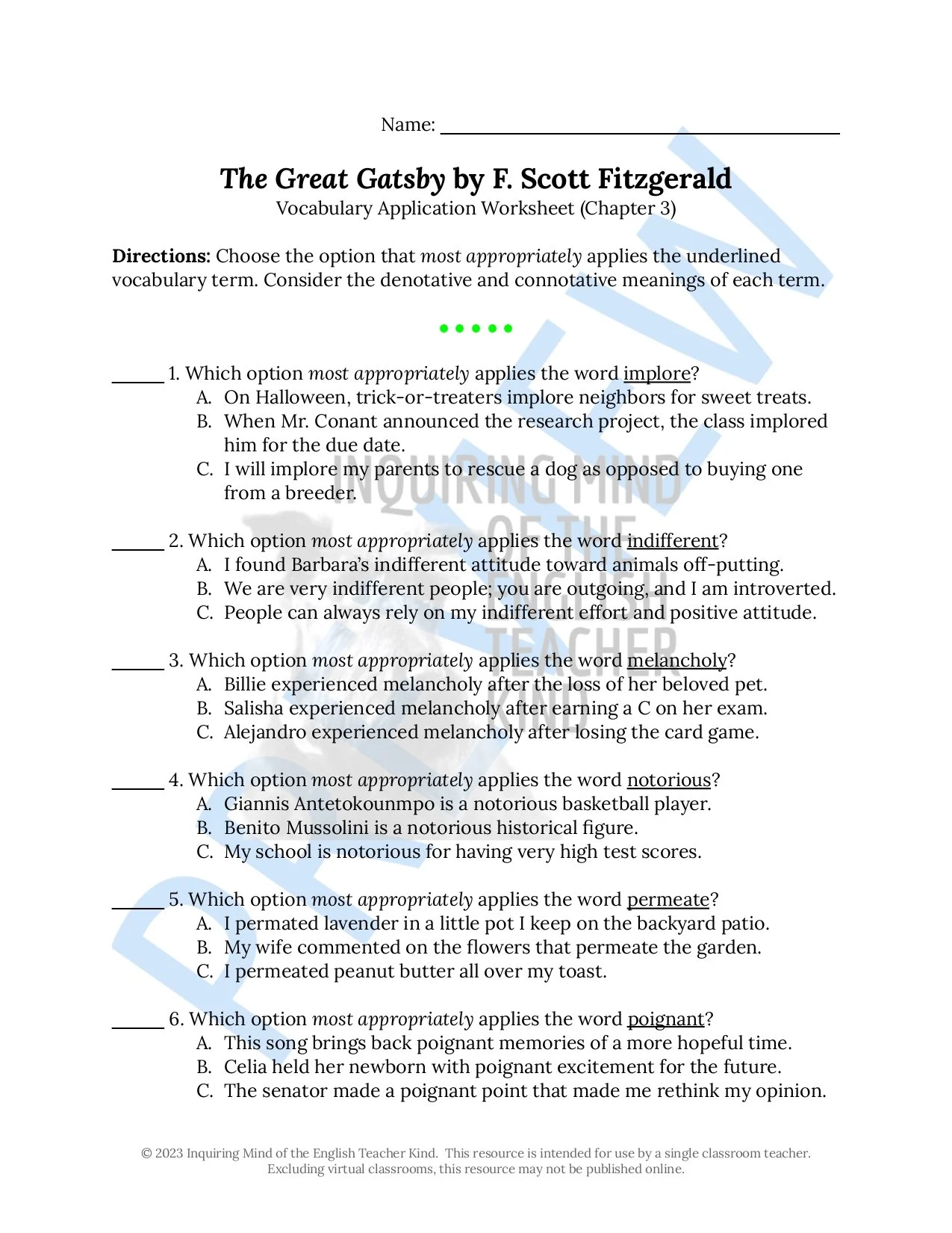 The Great Gatsby Quizzes, Close Readings, Vocab Games, Test, and Keys ...