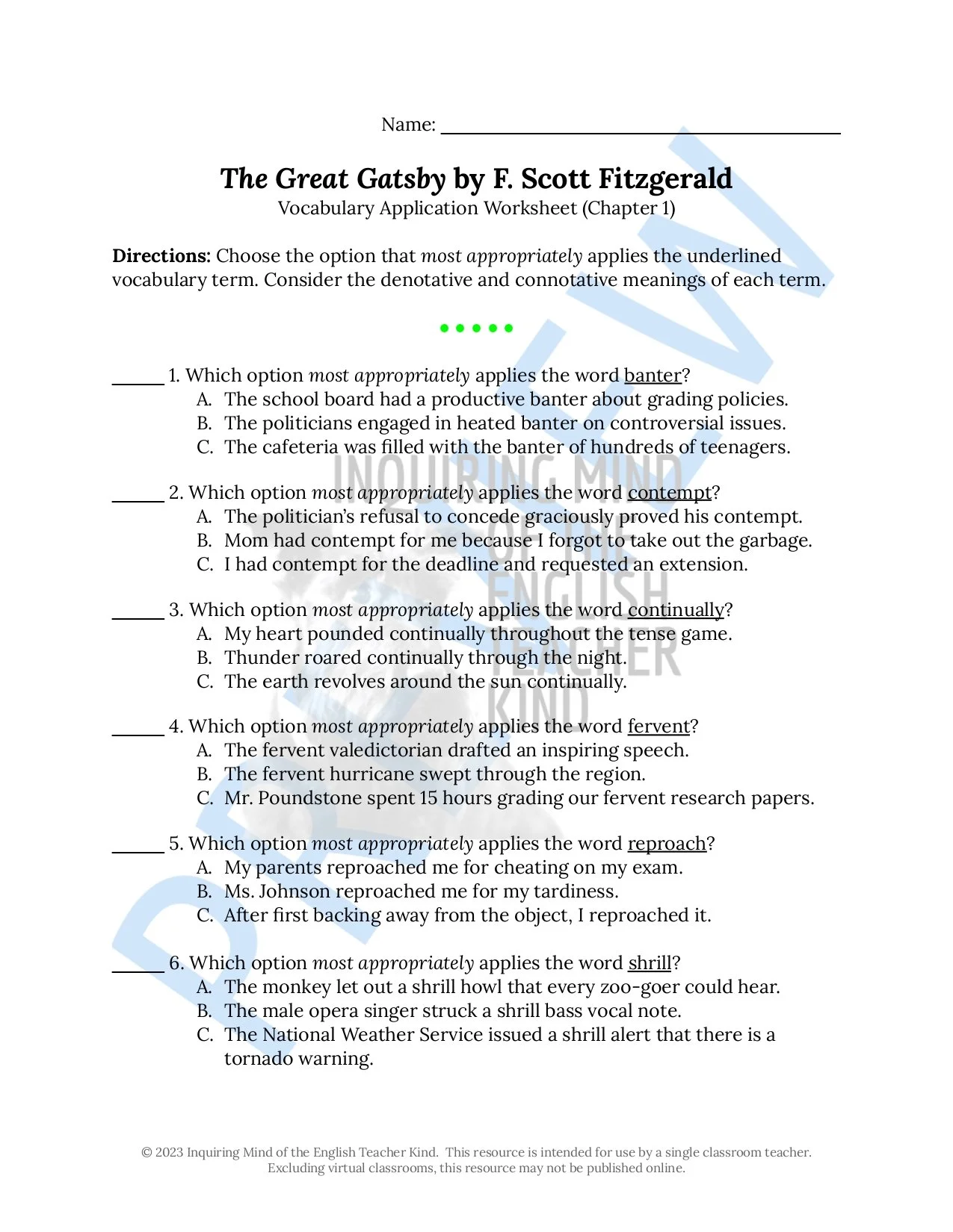 The Great Gatsby Quizzes, Close Readings, Vocab Games, Test, and Keys ...