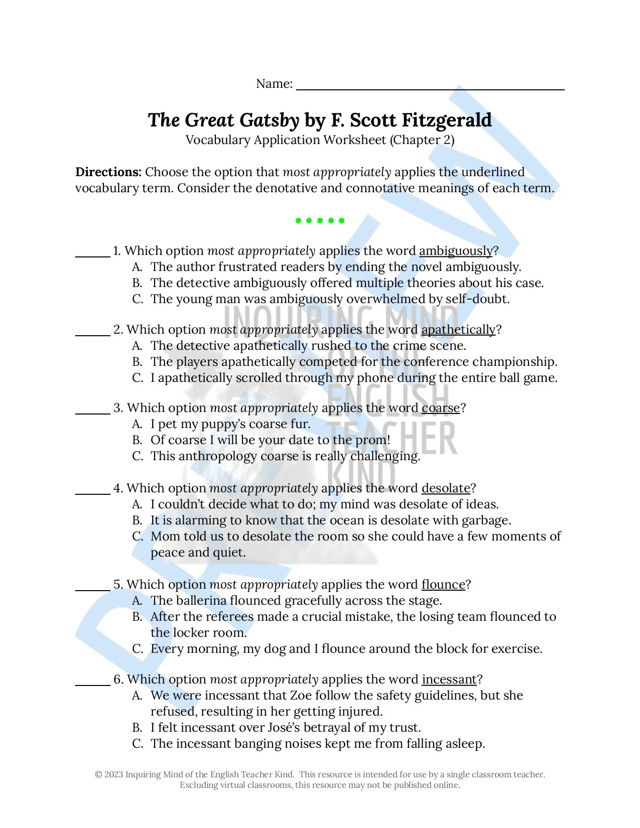 The Great Gatsby Quizzes, Close Readings, Vocab Games, Test, and Keys ...