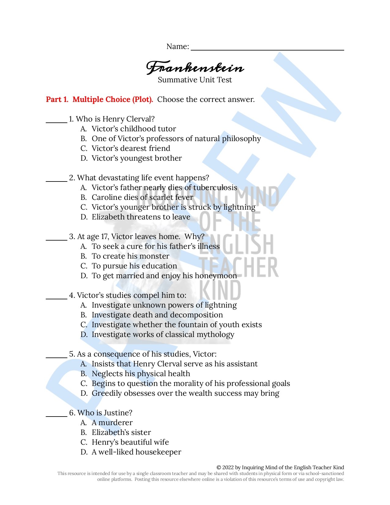 Frankenstein by Mary Shelley Test and Answer Key for High School ...