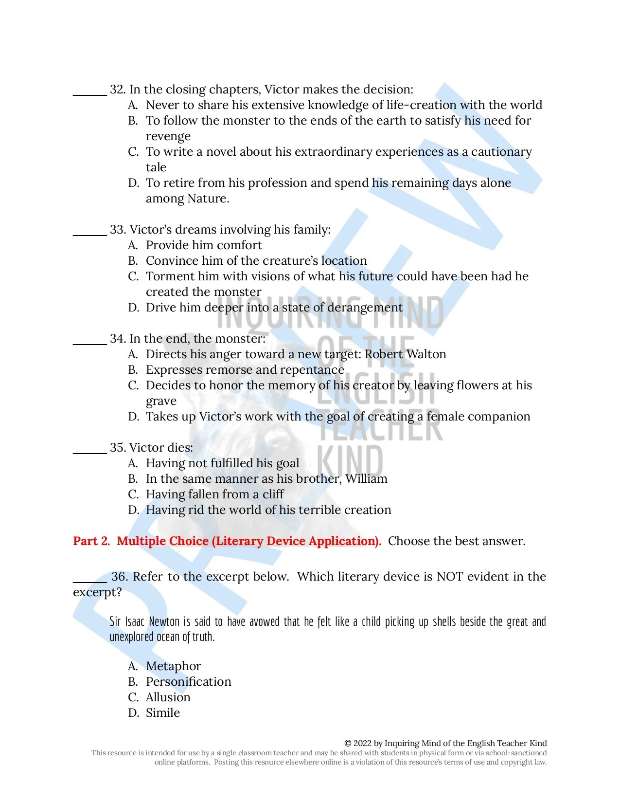 Frankenstein by Mary Shelley Test and Answer Key for High School ...
