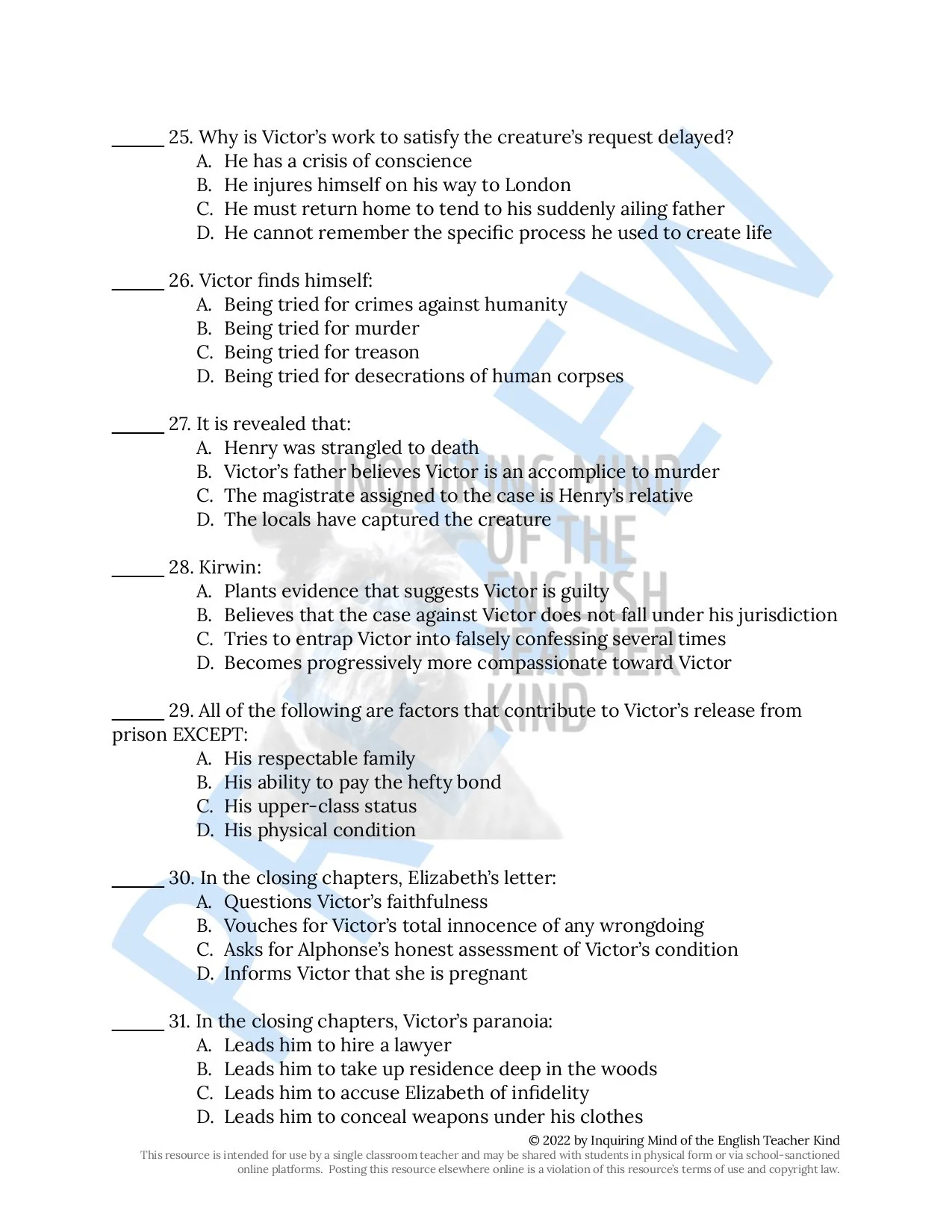 Frankenstein by Mary Shelley Test and Answer Key for High School ...