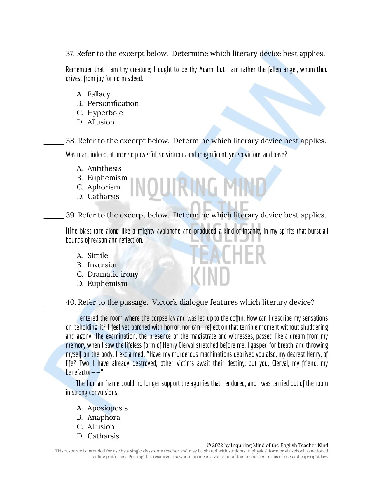 Frankenstein by Mary Shelley Test and Answer Key for High School ...