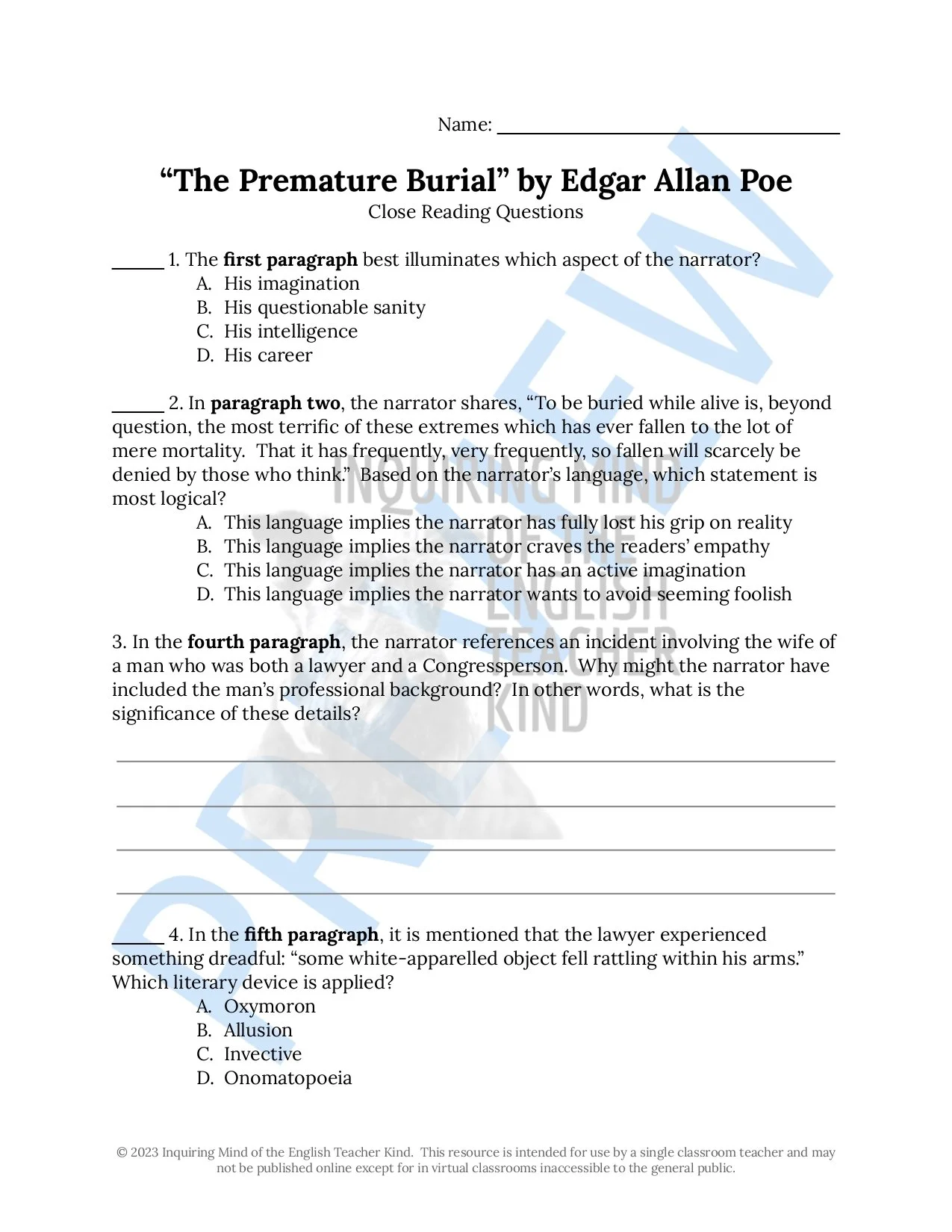 Short Stories by Edgar Allan Poe Quiz and Close Reading Bundle for High ...