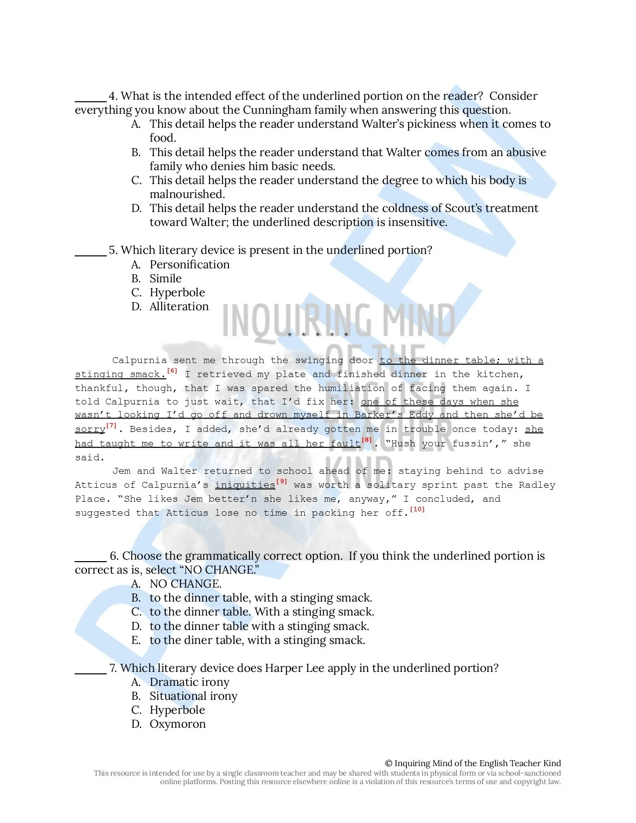 To Kill a Mockingbird Chapters 1 through 3 Quiz and Close Reading ...