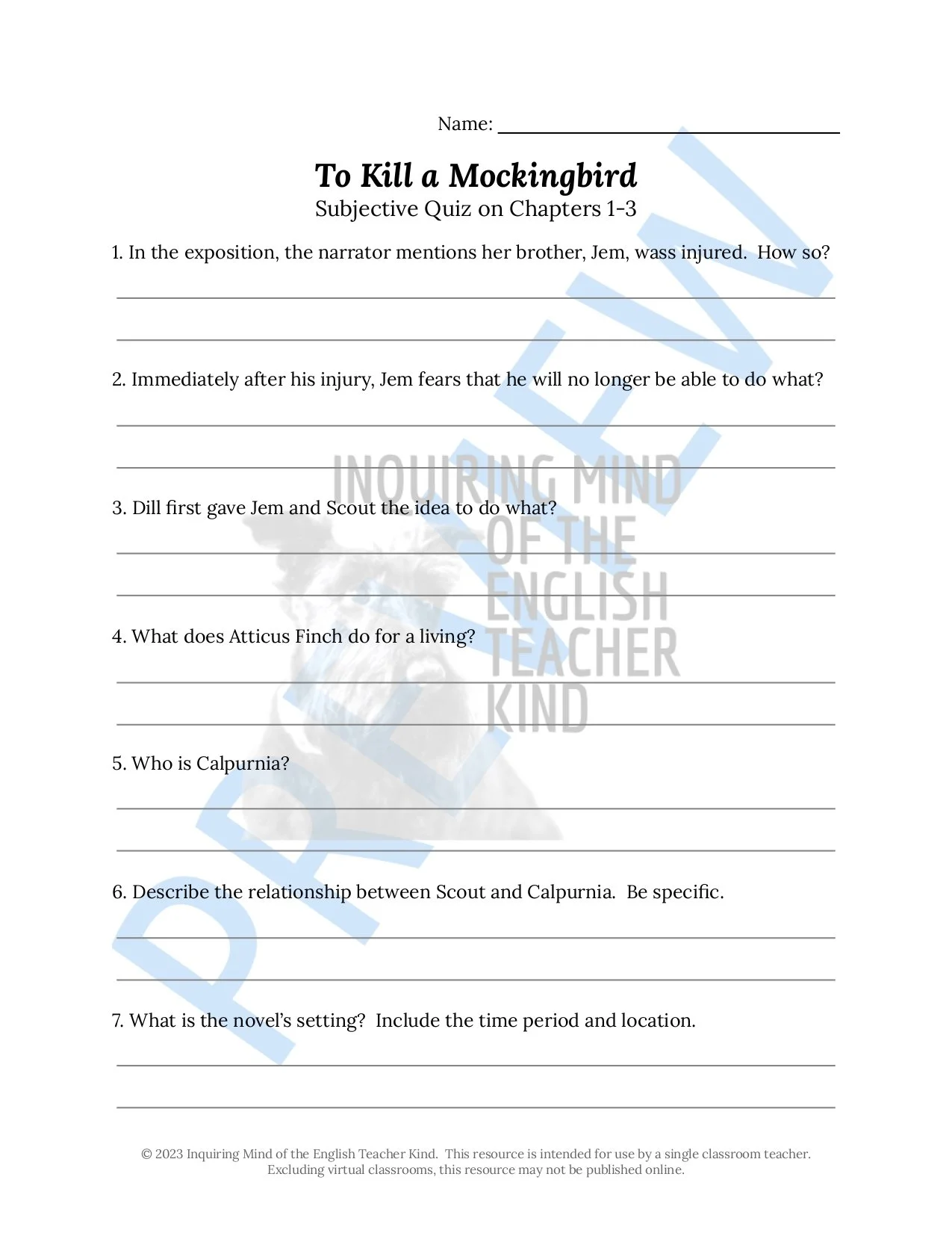 To Kill a Mockingbird Chapters 1 through 3 Quiz and Close Reading ...