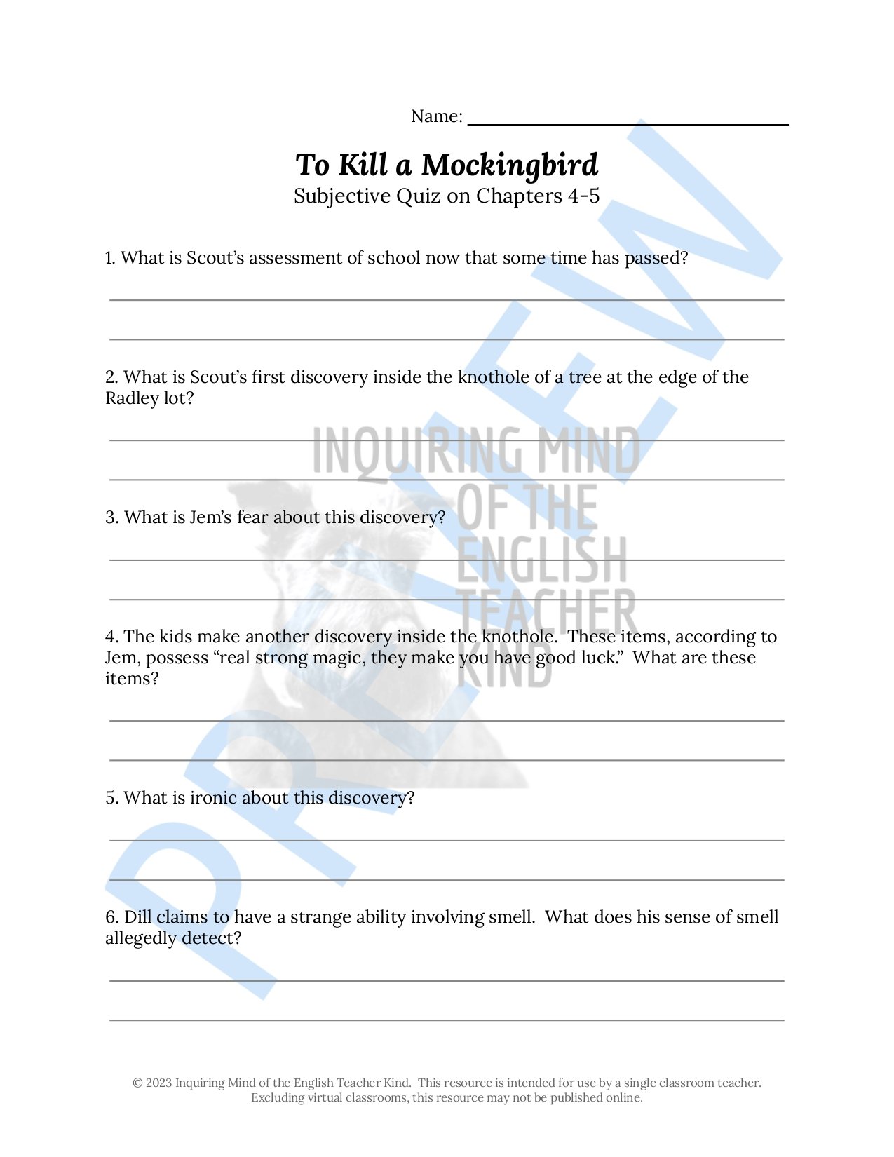 To Kill a Mockingbird Chapters 4 and 5 Quiz and Close Reading Analysis ...