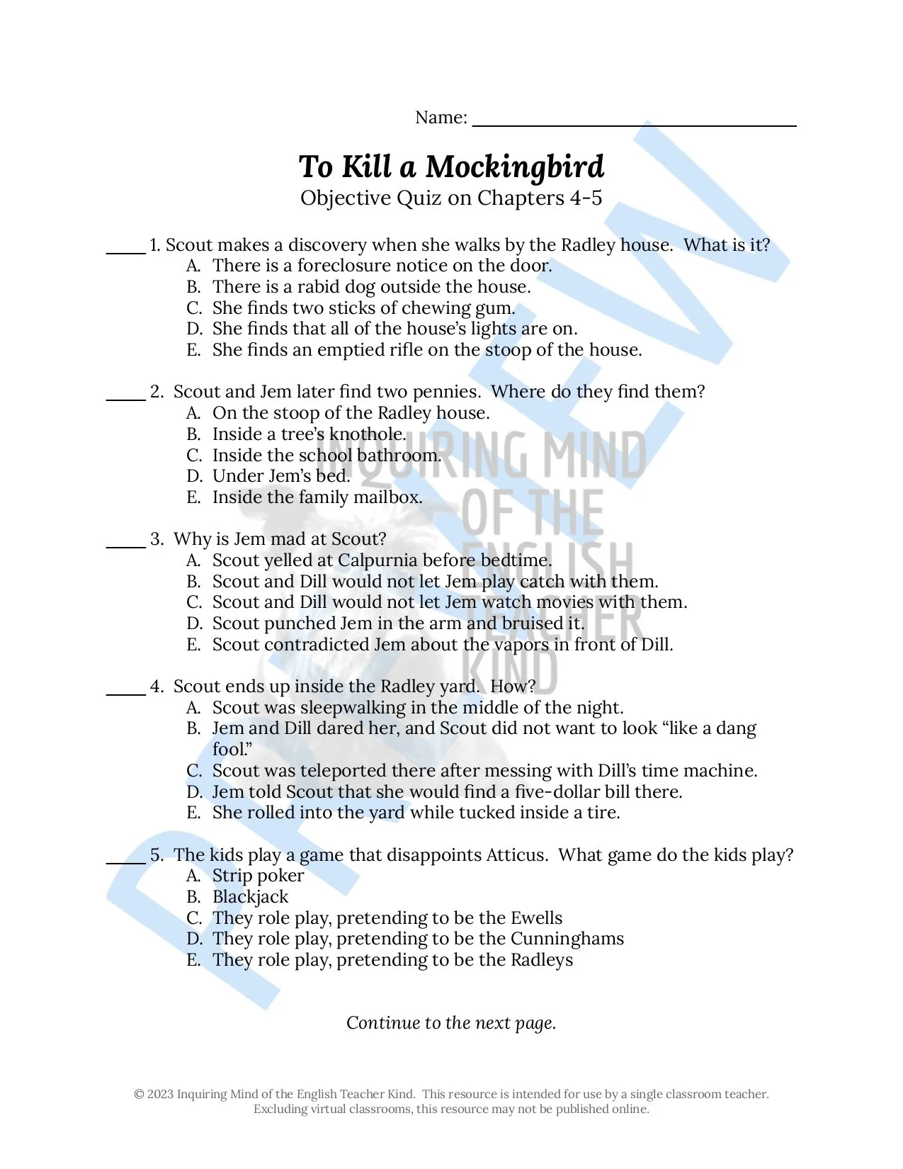 To Kill a Mockingbird Chapters 4 and 5 Quiz and Close Reading Analysis ...