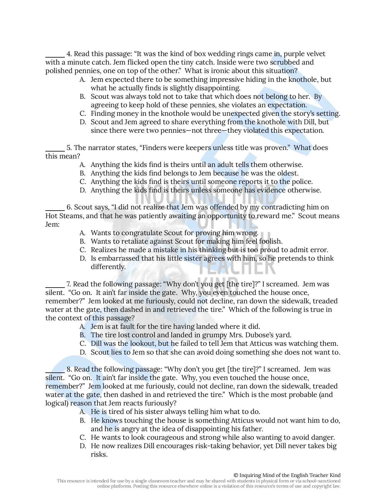 To Kill a Mockingbird Chapters 4 and 5 Quiz and Close Reading Analysis ...