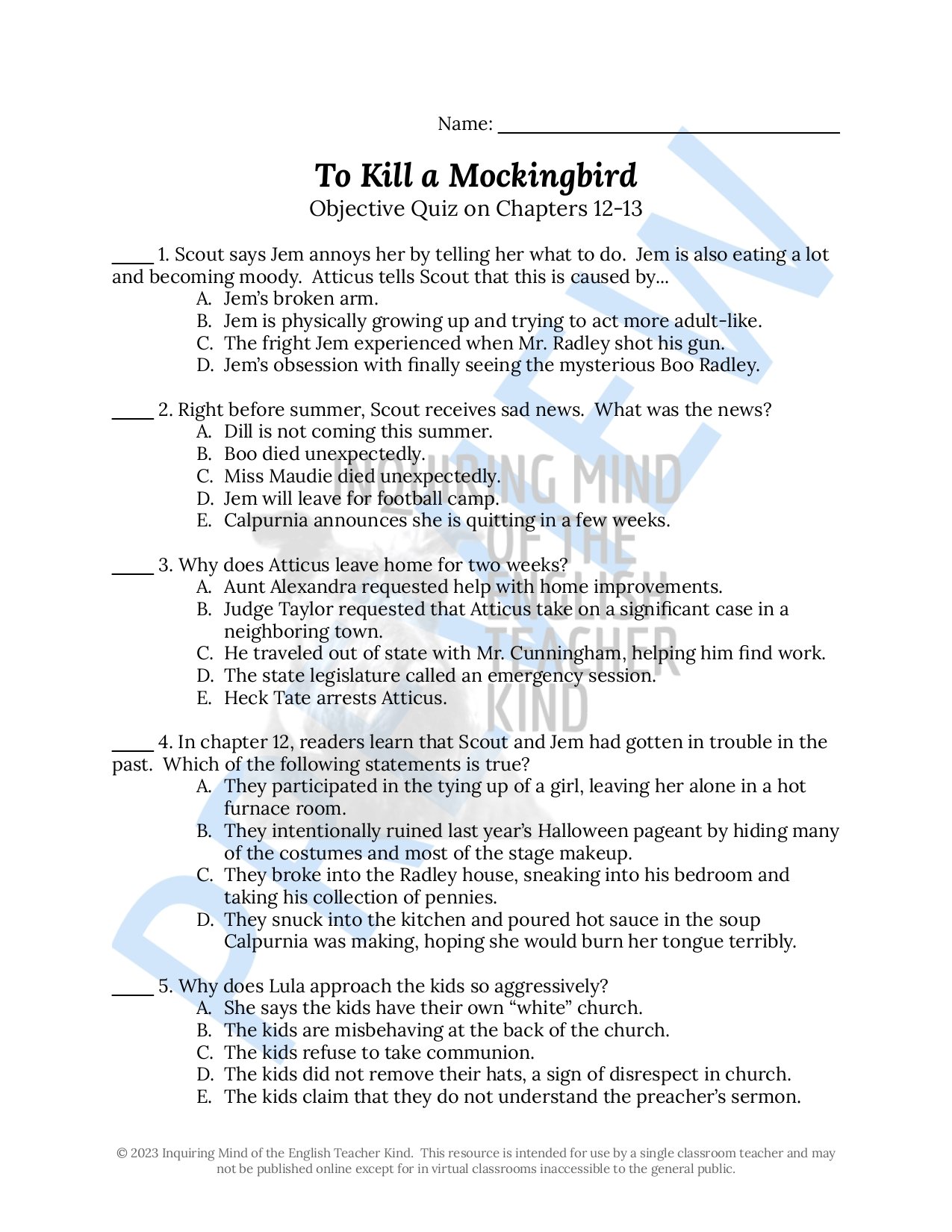 To Kill a Mockingbird Quizzes and Close Reading Analysis Worksheets ...