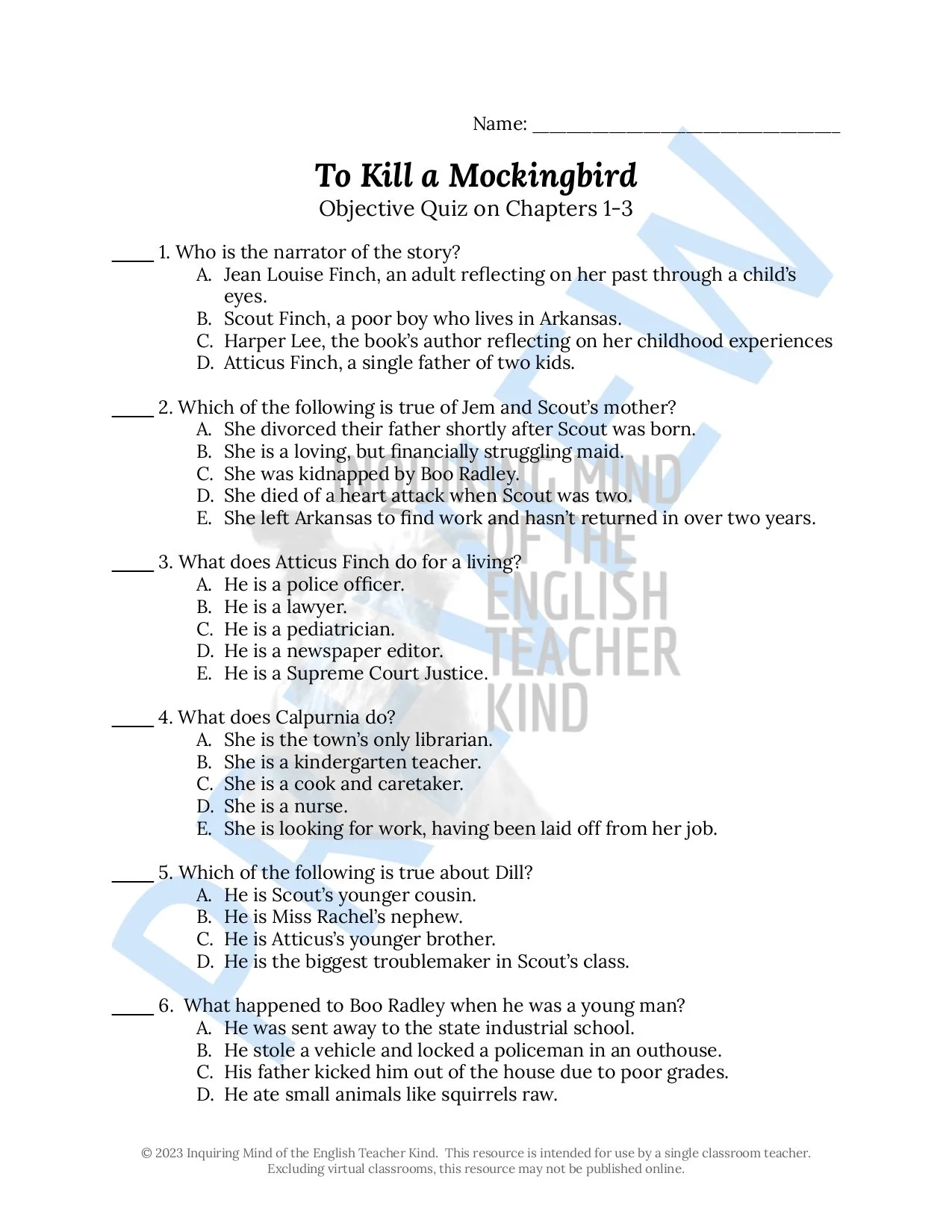 To Kill a Mockingbird Quiz and Answer Key Bundle for High School ...