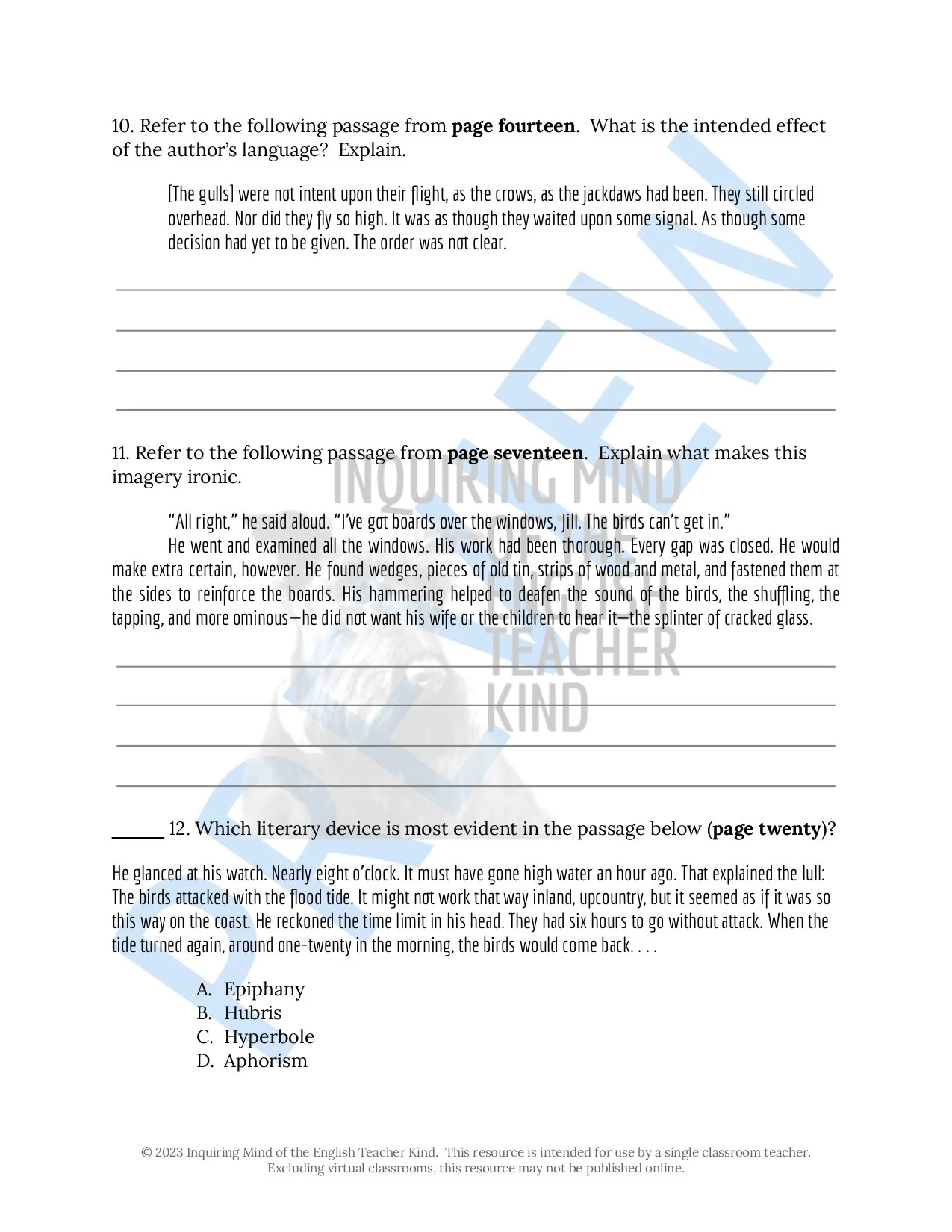 "The Birds" by Daphne du Maurier Quiz, Close Reading, and Vocabulary ...