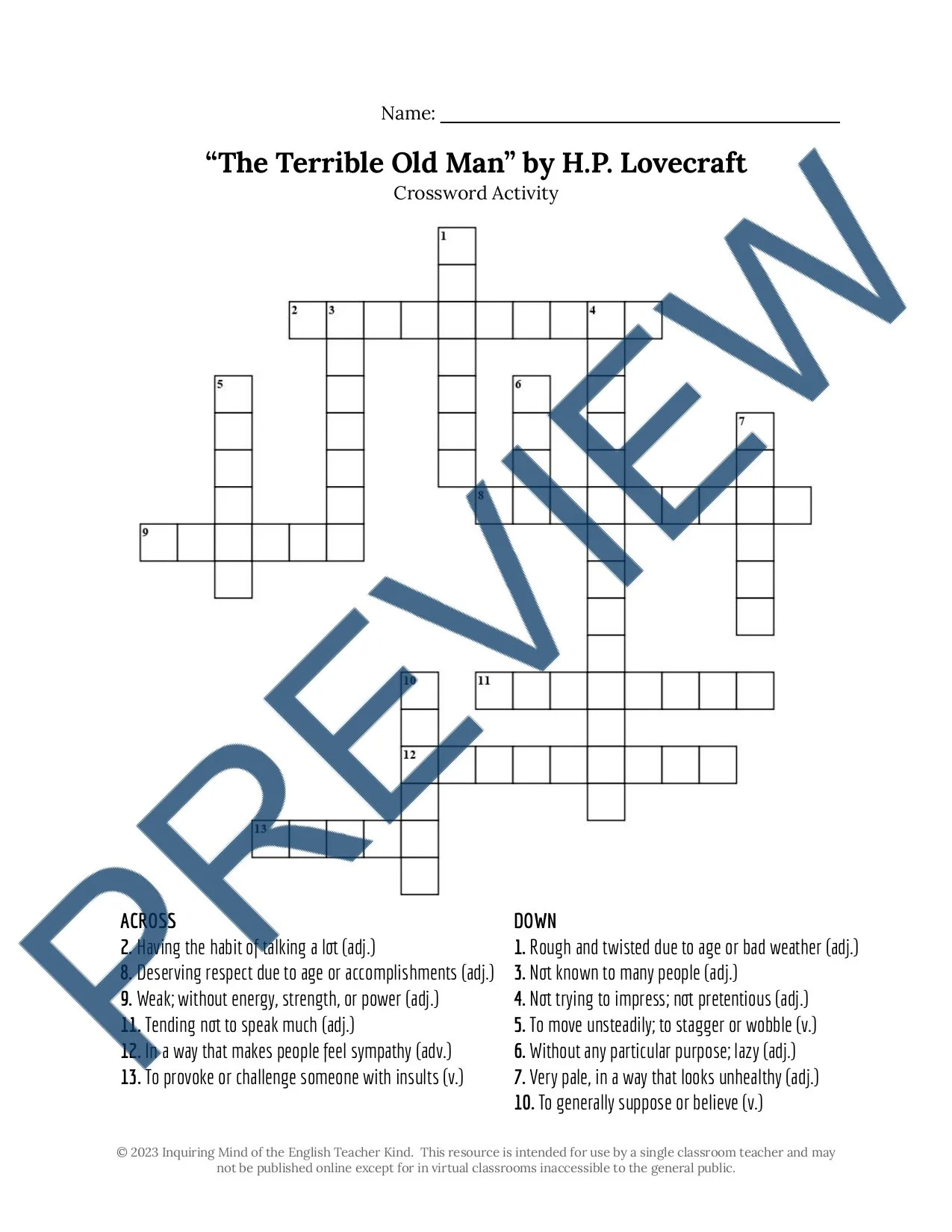 "The Terrible Old Man" by H.P. Lovecraft Quiz and Close Reading Bundle ...