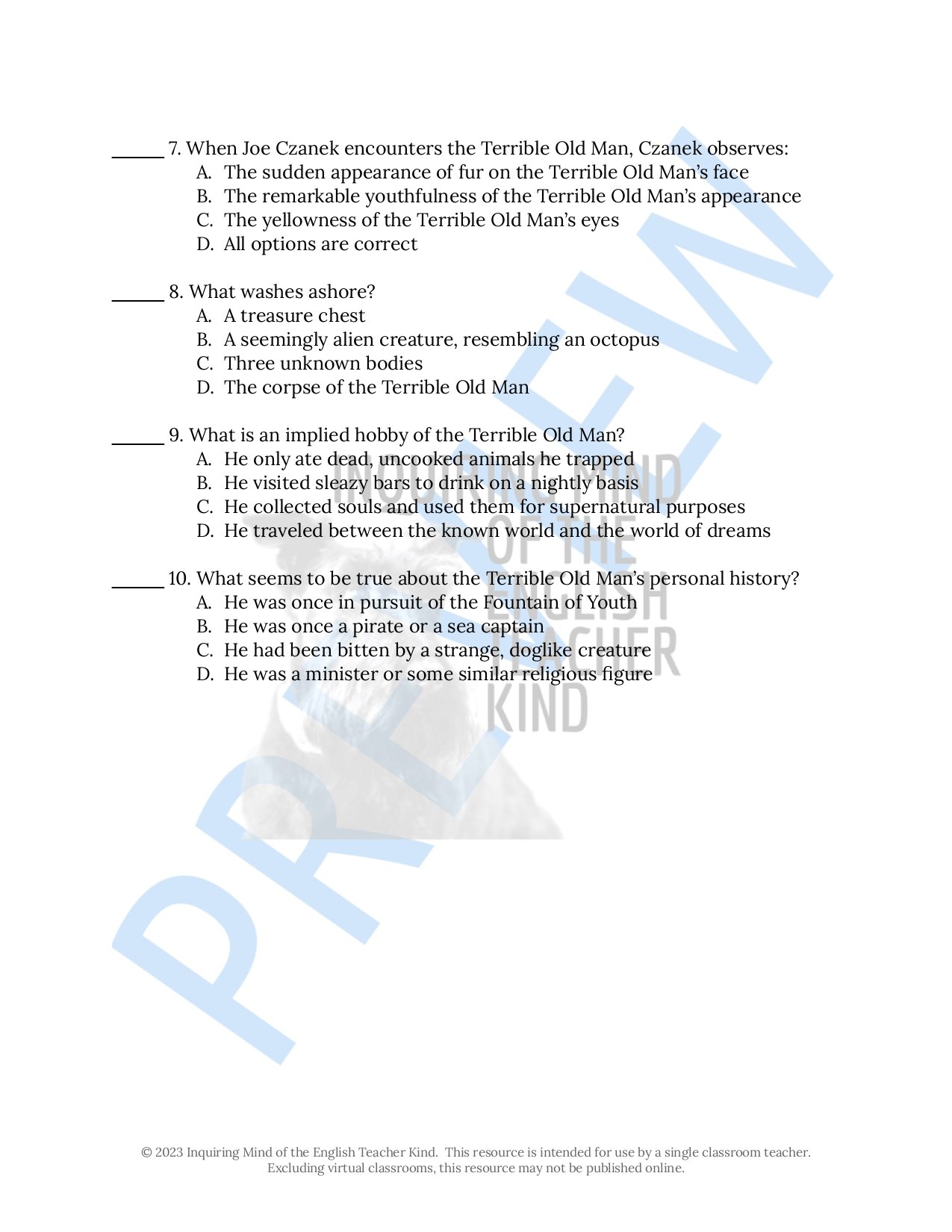 "The Terrible Old Man" by H.P. Lovecraft Quiz and Close Reading Bundle ...