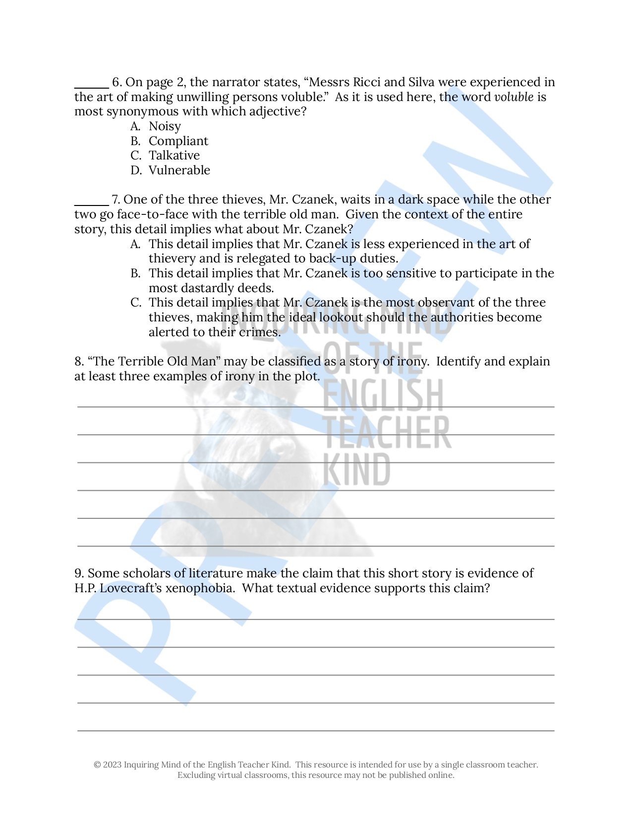 "The Terrible Old Man" by H.P. Lovecraft Quiz and Close Reading Bundle ...