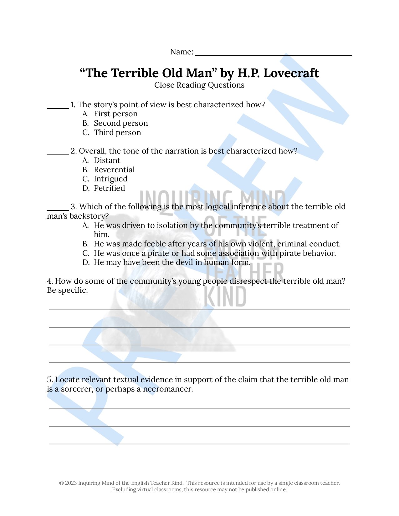 "The Terrible Old Man" by H.P. Lovecraft Quiz and Close Reading Bundle ...
