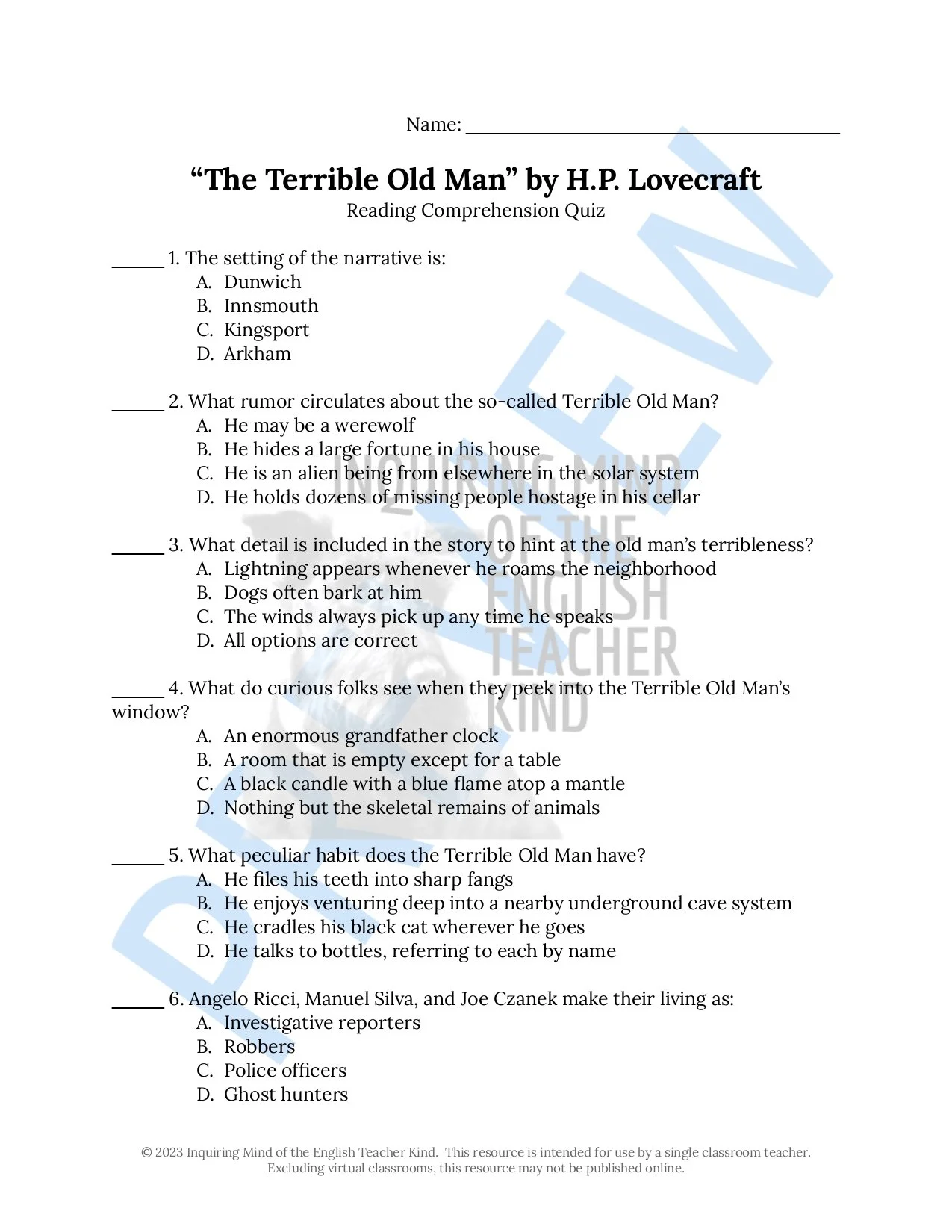 "The Terrible Old Man" by H.P. Lovecraft Quiz and Close Reading Bundle ...