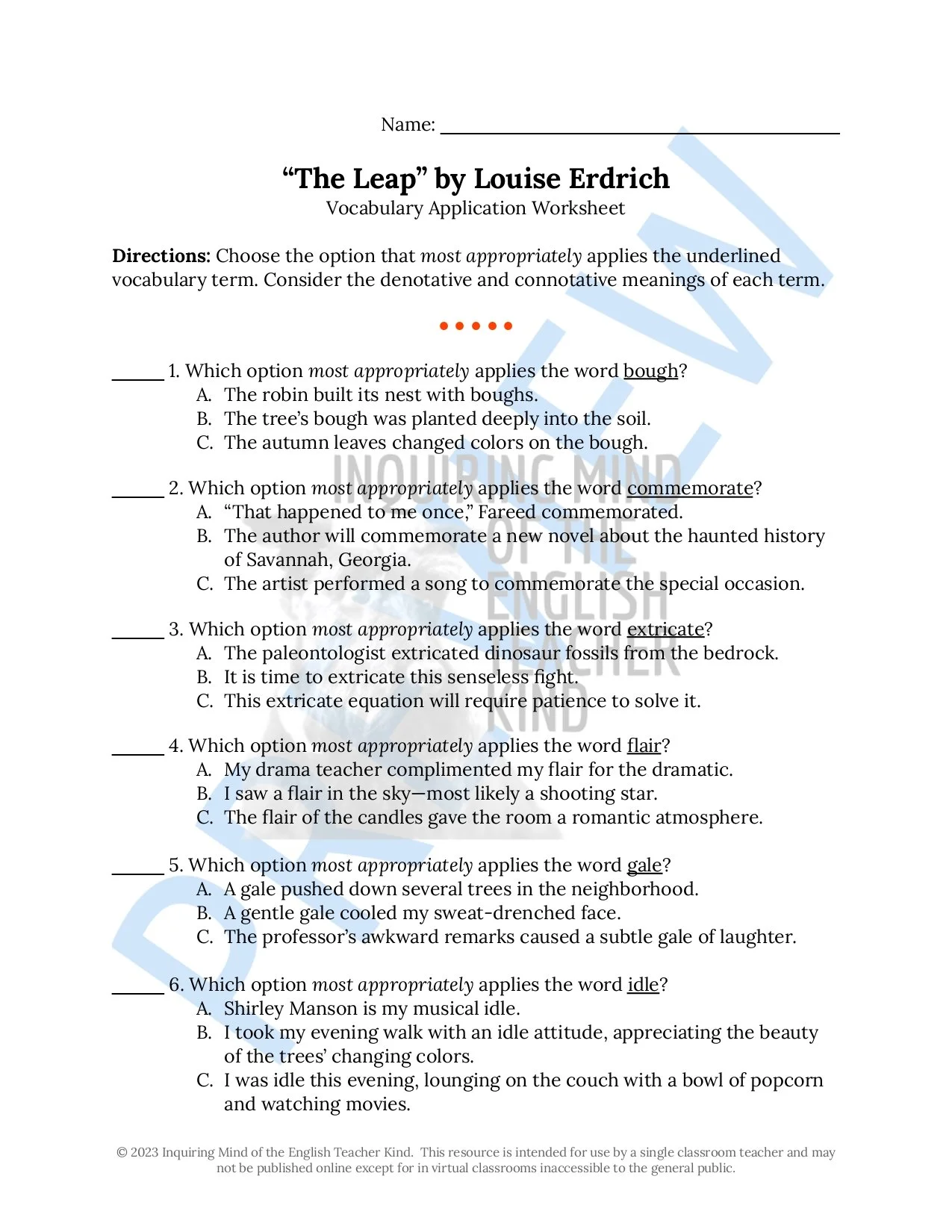 "The Leap" by Louise Erdrich Quiz, Close Reading, and Vocabulary Games ...