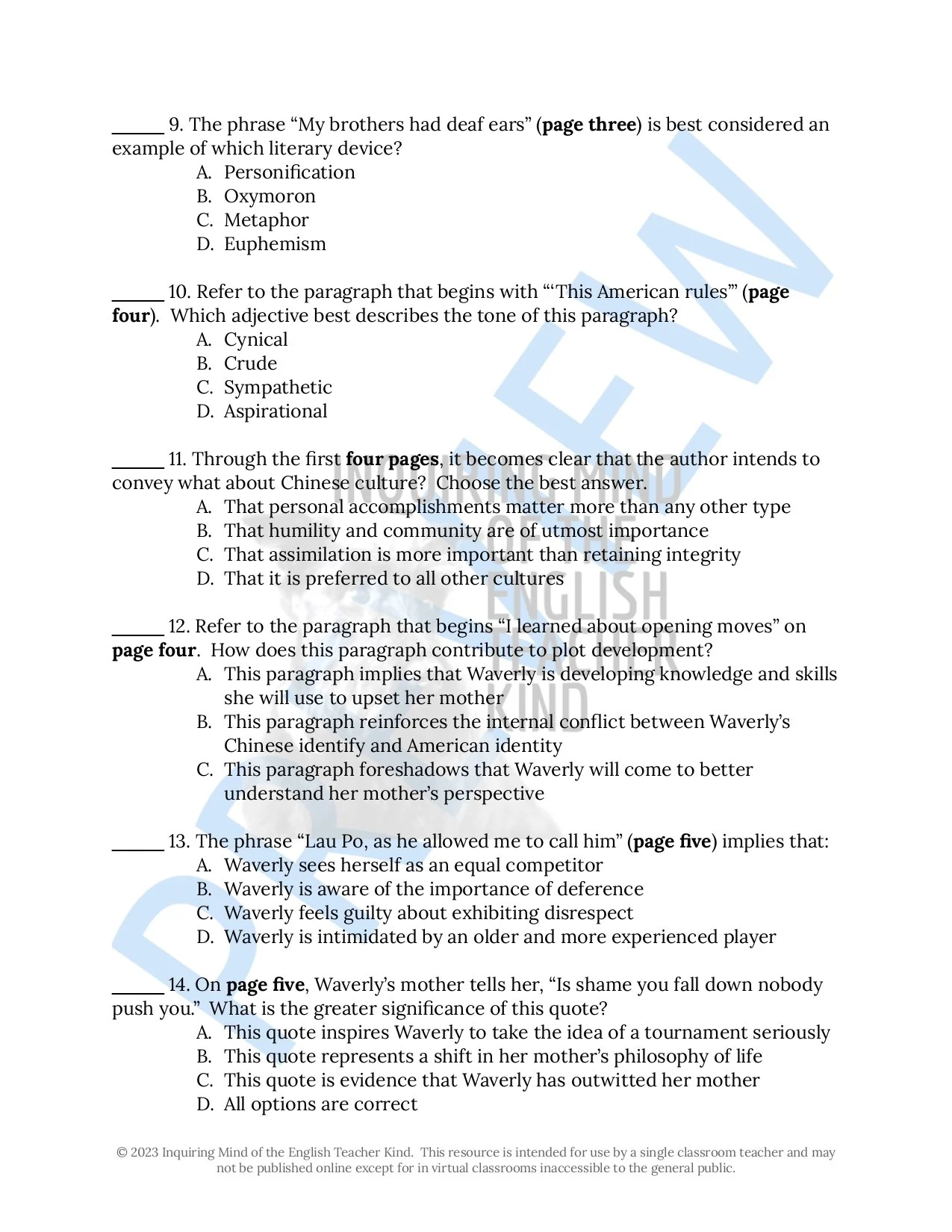 "Rules of the Game" by Amy Tan Quiz, Close Reading, and Vocabulary ...