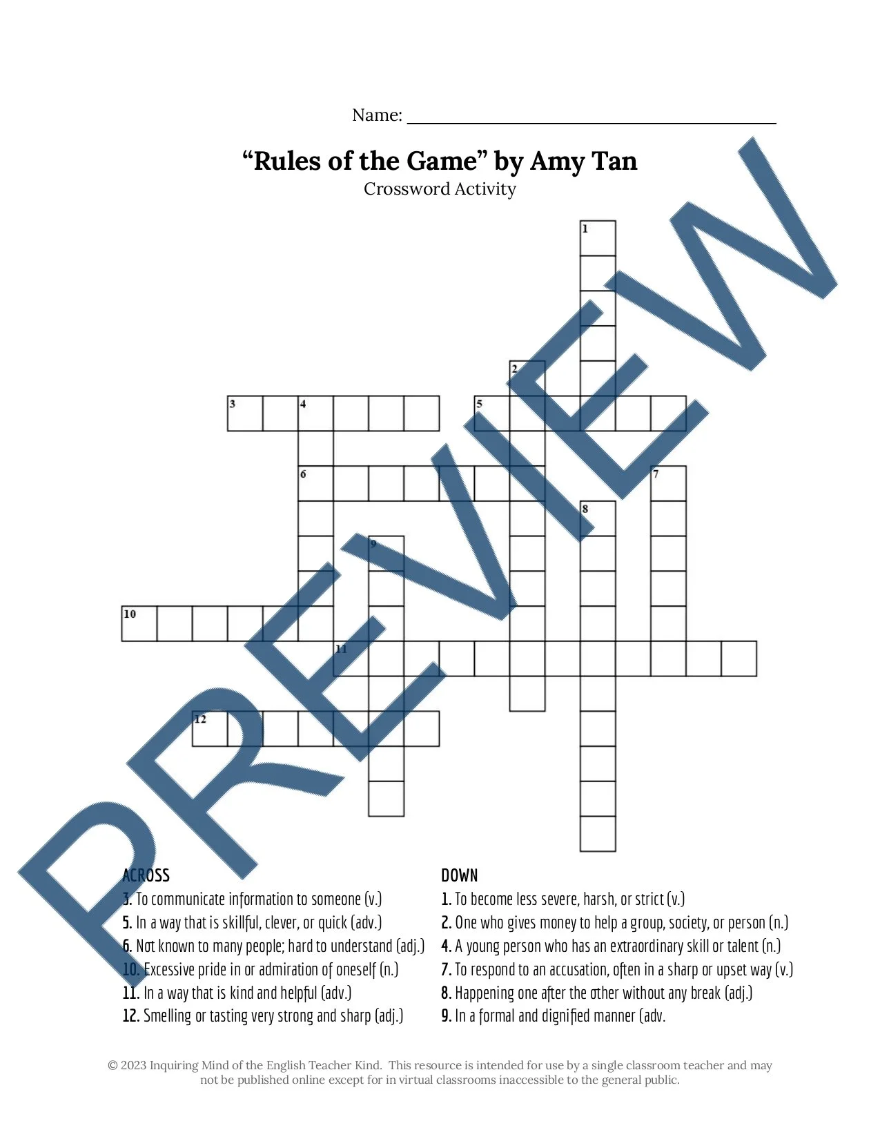 "Rules of the Game" by Amy Tan Quiz, Close Reading, and Vocabulary ...